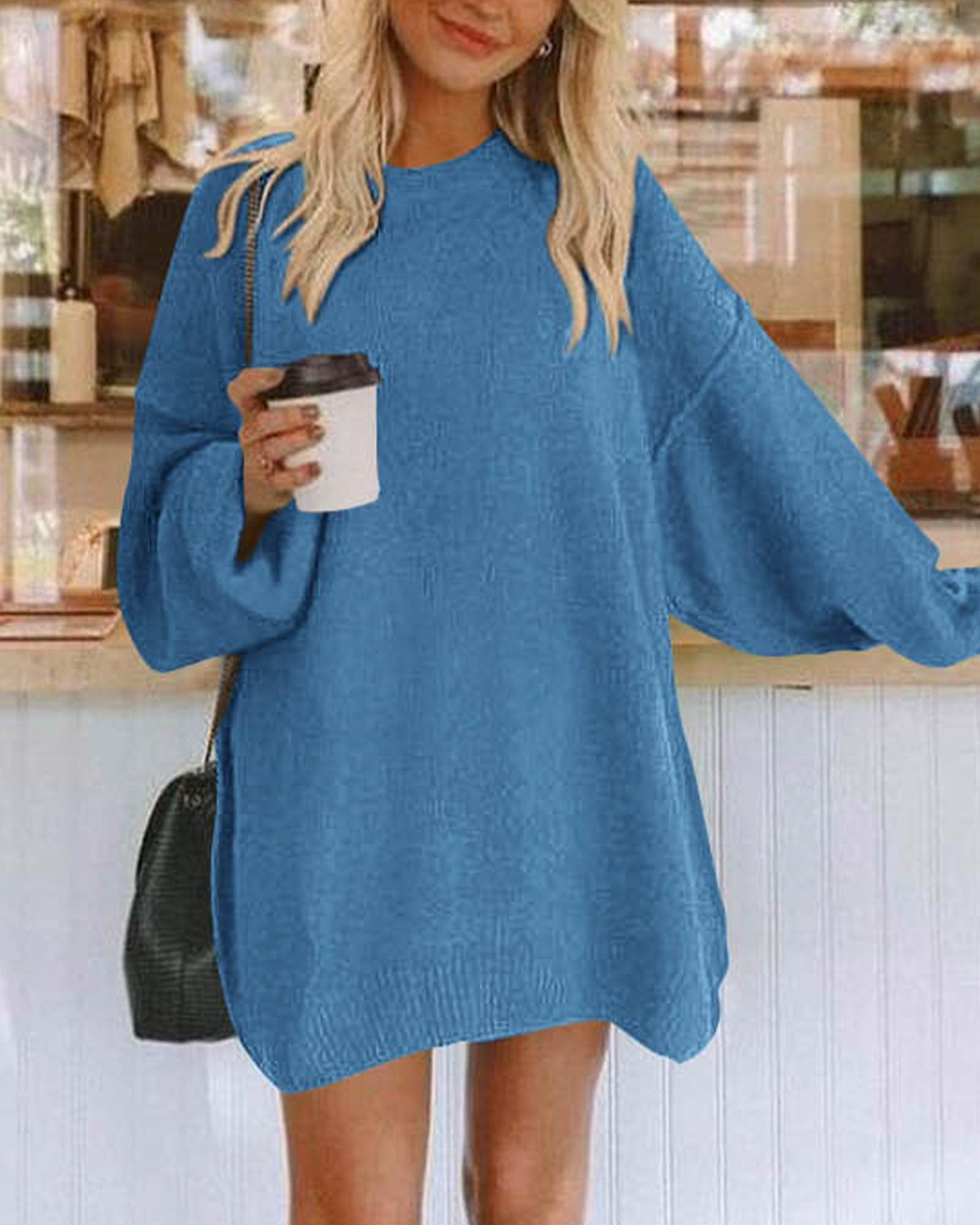 BTFBM 2025 Womens Sweaters Casual Crewneck Long Sleeve Oversized Sweater Dress Fall Winter Loose Slouchy Soft Pullover(Solid Blue, Large)