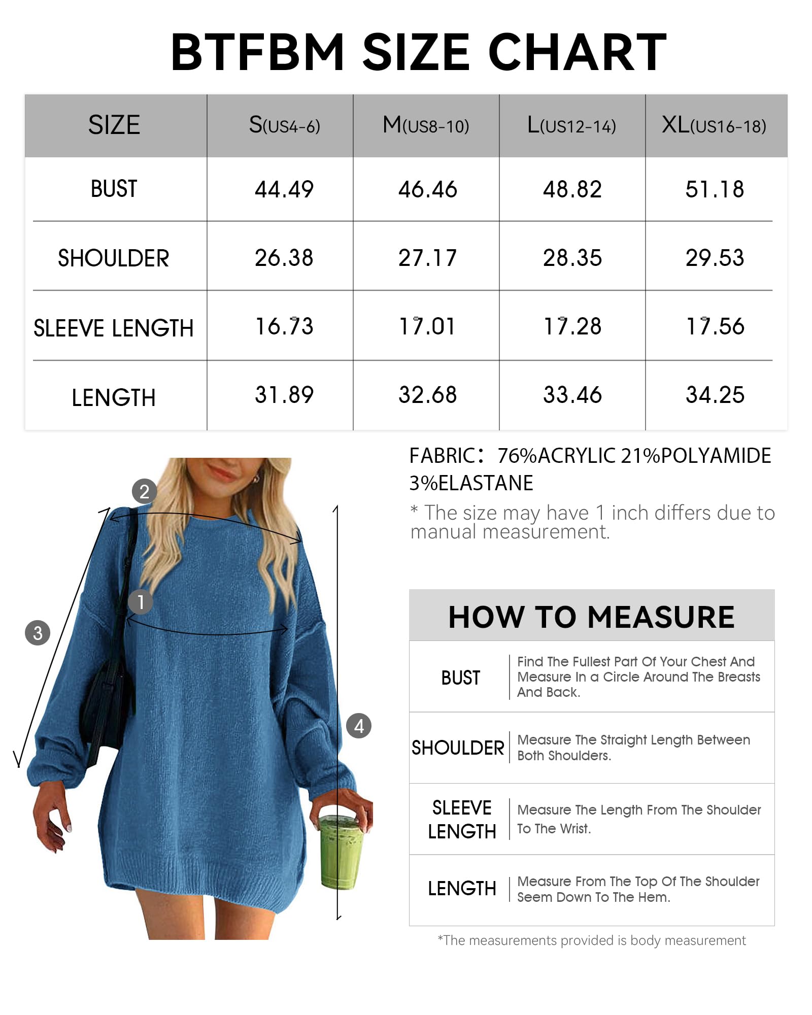 BTFBM 2025 Womens Sweaters Casual Crewneck Long Sleeve Oversized Sweater Dress Fall Winter Loose Slouchy Soft Pullover(Solid Blue, Large)