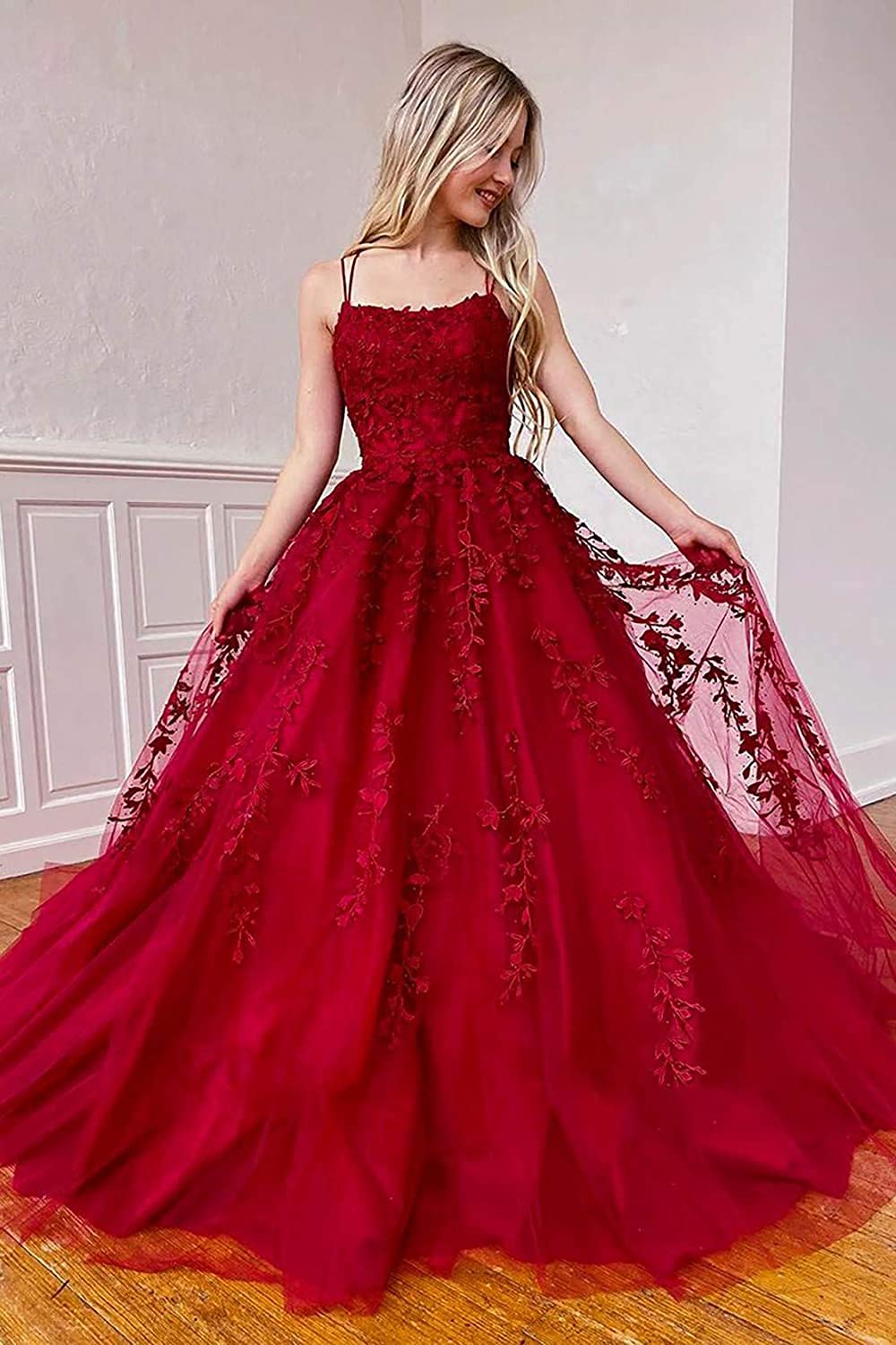 Chicbridal Lace Appliques Ball Gowns Spaghetti Straps Long Tulle A-Line Prom Dresses for Women Wisteria US8