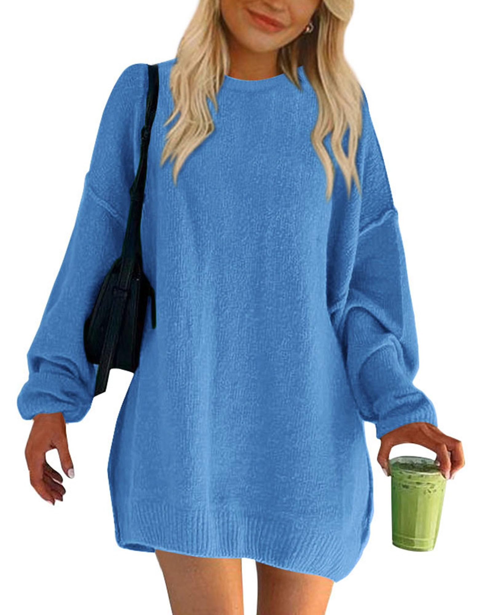 BTFBM 2025 Womens Sweaters Casual Crewneck Long Sleeve Oversized Sweater Dress Fall Winter Loose Slouchy Soft Pullover(Solid Blue, Large)