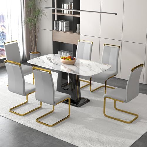 cinkehome Modern Faux Marble Dining Table, 63" Rectangle Kitchen Dinner Table for 4-6, Large Kitchen Dining Room Table with Geometric Frame, Banquet, Meeting