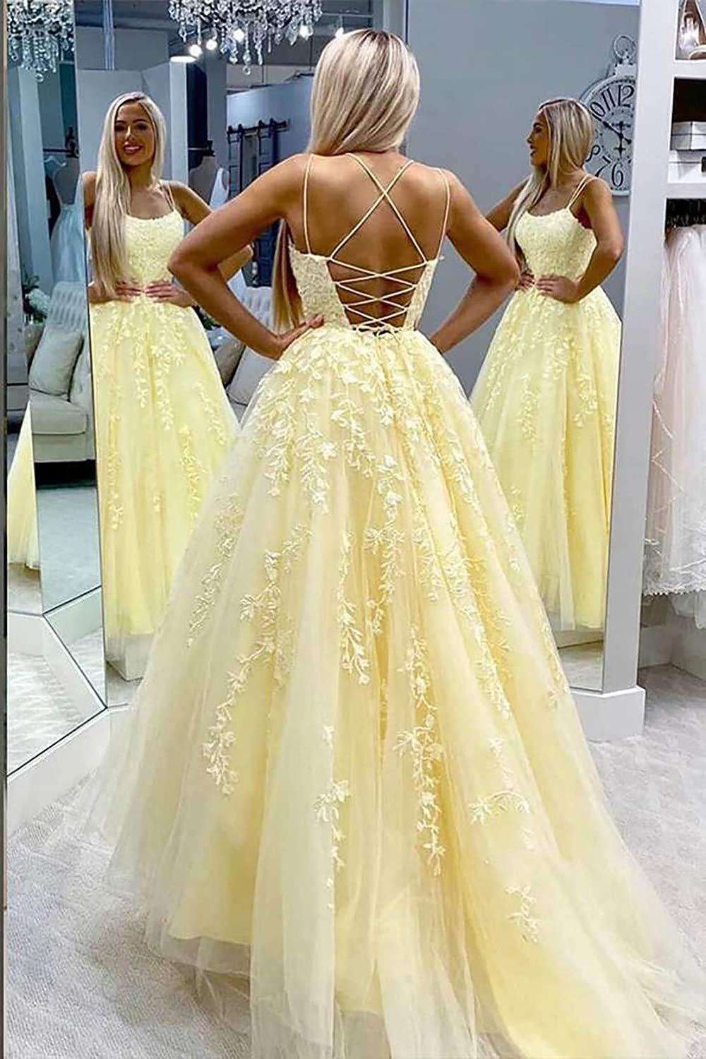 Chicbridal Lace Appliques Ball Gowns Spaghetti Straps Long Tulle A-Line Prom Dresses for Women Wisteria US8
