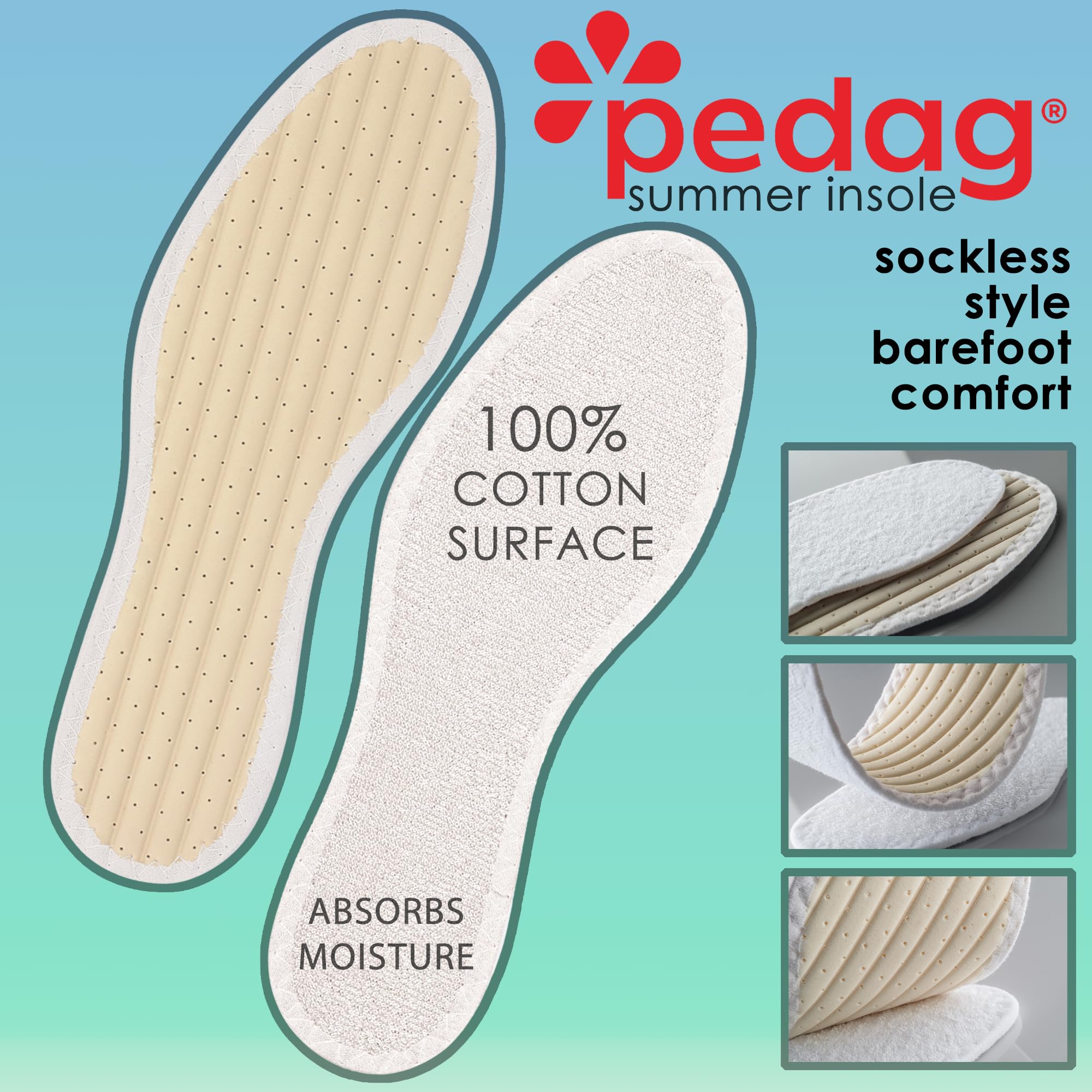 Pedag Summer | Terry Cotton Sockless Insoles | Barefoot Inserts | Handmade in Germany | Absorbs Sweat & Controls Odor | Wear Without Socks | Washable | US 11M/EU 44 | White | 3 Pair