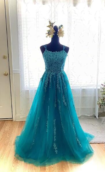 Chicbridal Lace Appliques Ball Gowns Spaghetti Straps Long Tulle A-Line Prom Dresses for Women Wisteria US8
