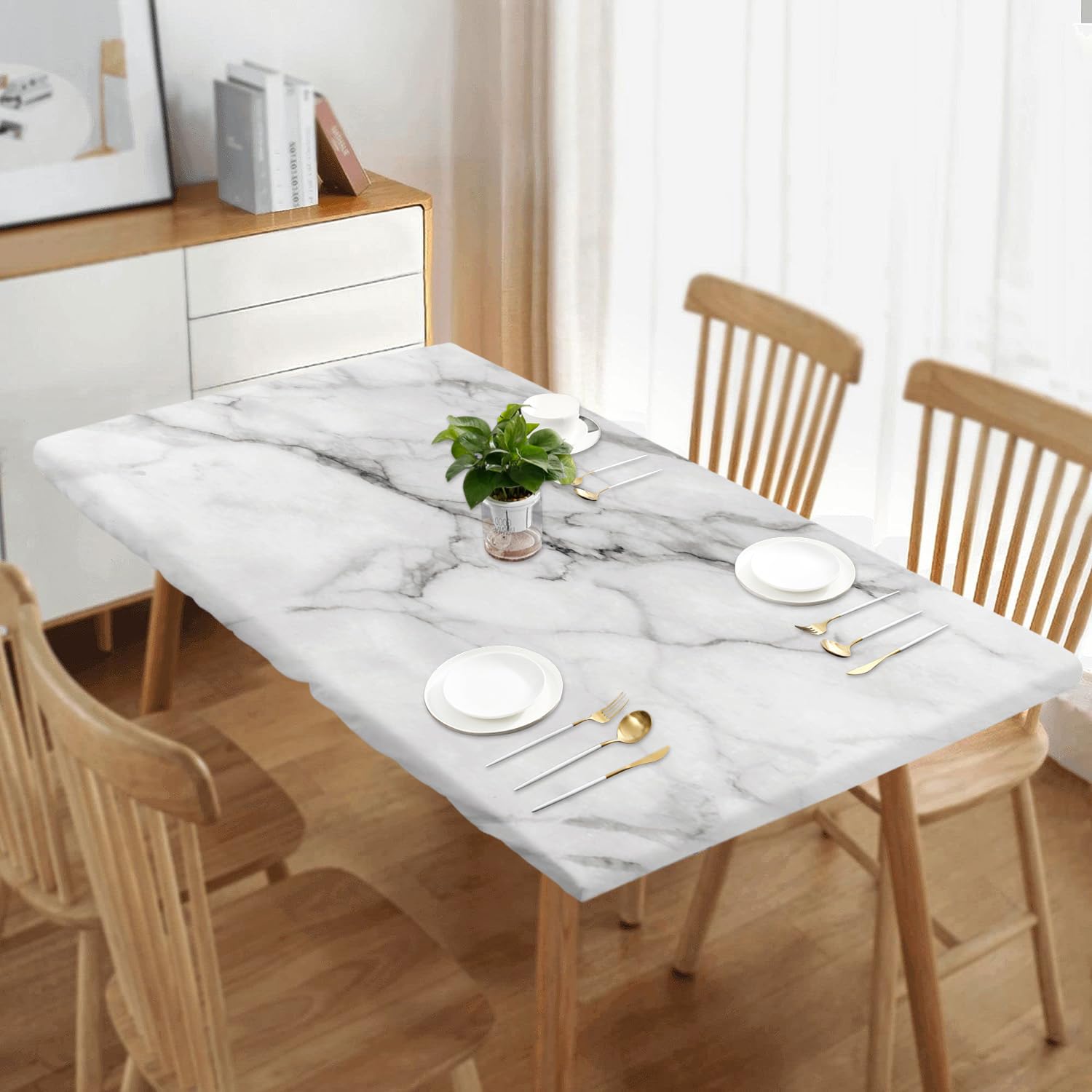 Fitted Table Cover for 4ft Rectangle Tables White Abstract Marble Art Elastic Edge Waterproof Tablecloth Cover for Indoor Outdoor Patio Garden Kitchen Tabletop Decor Grey Stone Nature Agate