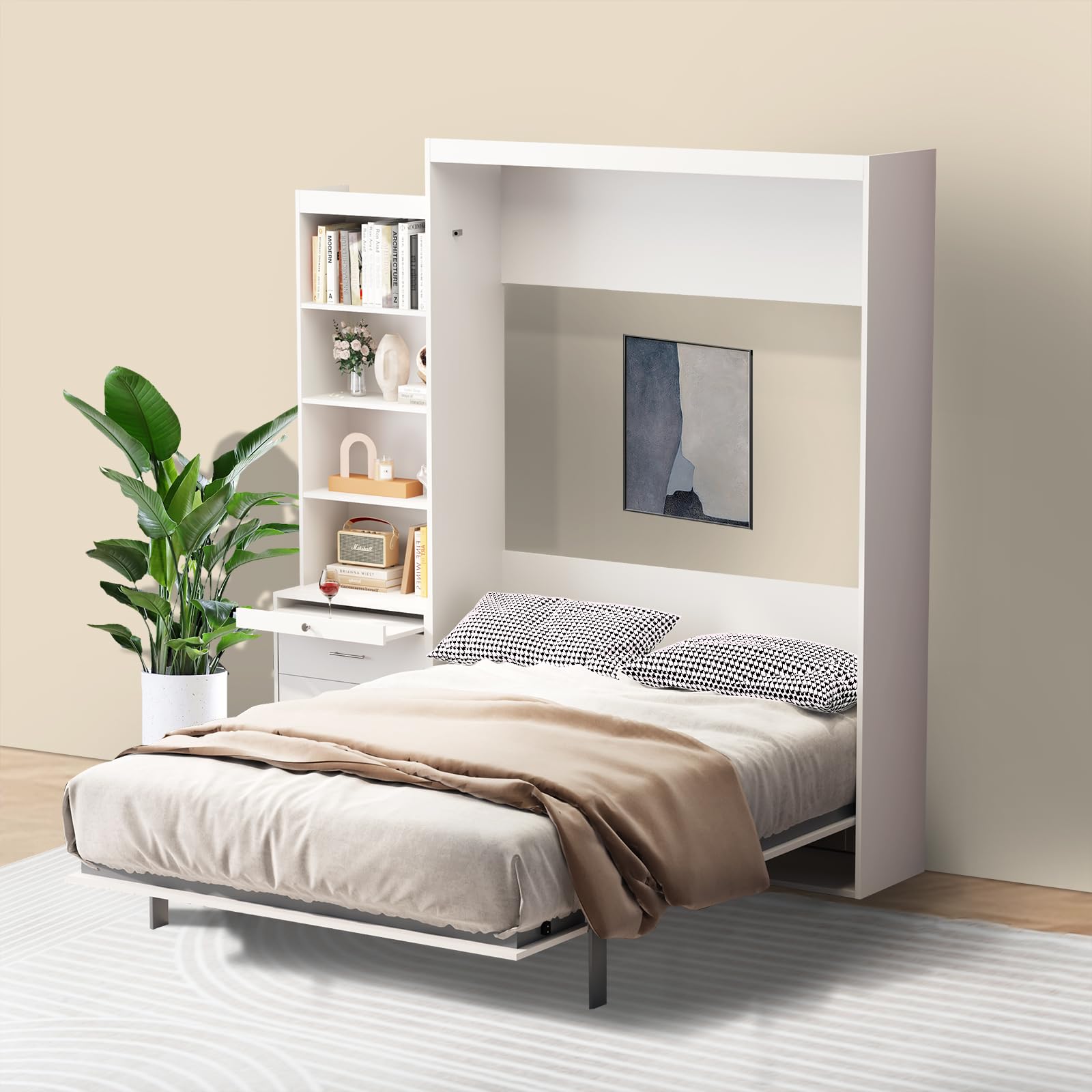 Tatub Murphy Bed Full Size, Murphy Bed Cabinet Bed, Wall Bed with Shelves and Drawers, Murphy Cube, Hide a Bed on a Cabinet, Space Saving, No Box Spring Required