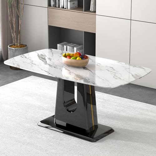 cinkehome Modern Faux Marble Dining Table, 63" Rectangle Kitchen Dinner Table for 4-6, Large Kitchen Dining Room Table with Geometric Frame, Banquet, Meeting