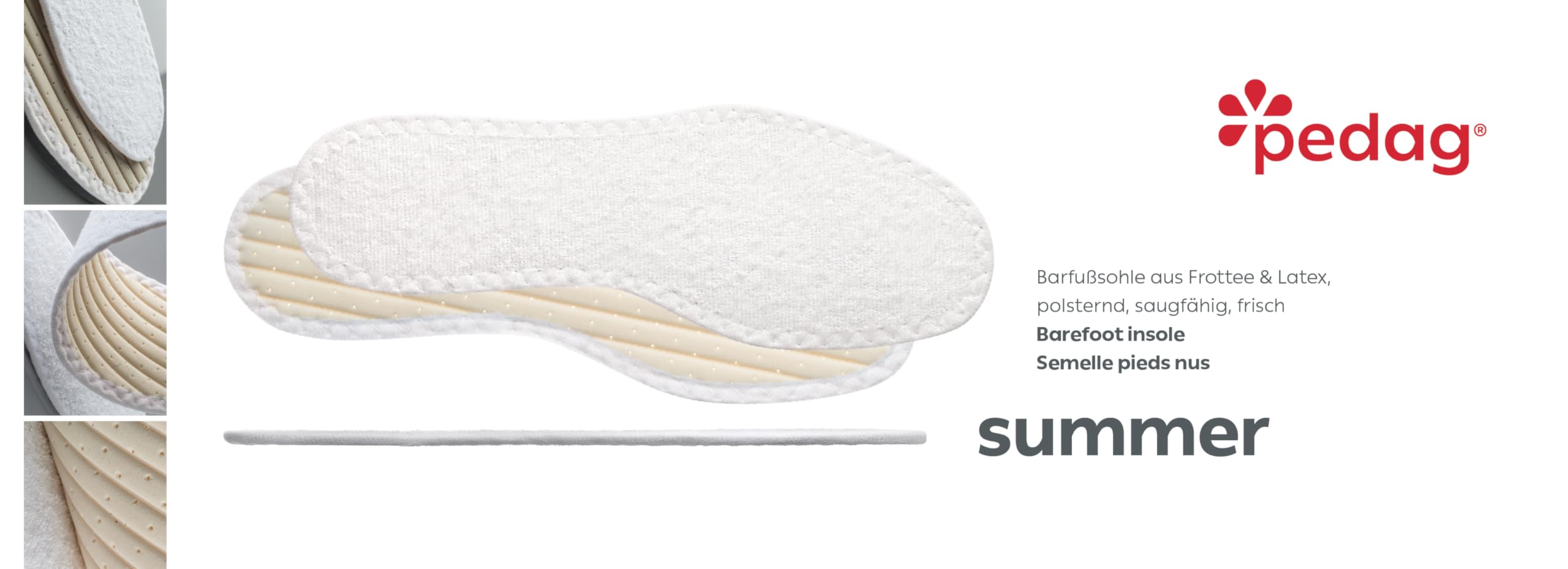 Pedag Summer | Terry Cotton Sockless Insoles | Barefoot Inserts | Handmade in Germany | Absorbs Sweat & Controls Odor | Wear Without Socks | Washable | US 11M/EU 44 | White | 3 Pair