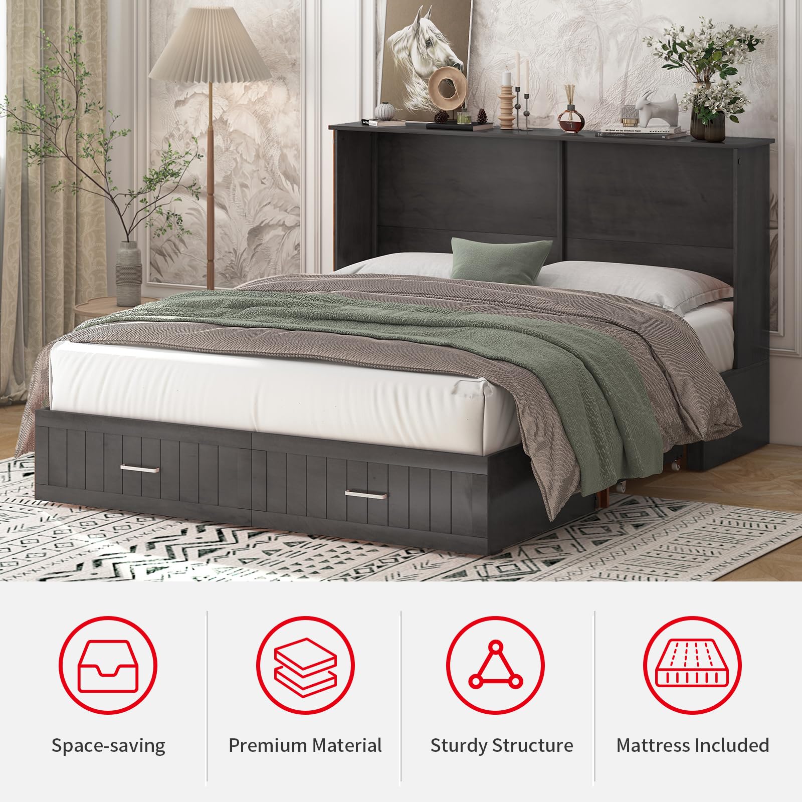 PUREMIND Murphy Bed Cabinet with Built-in Charging Station and Storage Drawer, Solid Wood Cabinet Bed Queen Size with Mattress, Murphy Cube Chest Bed for Guest Room, Home, Office,Gray