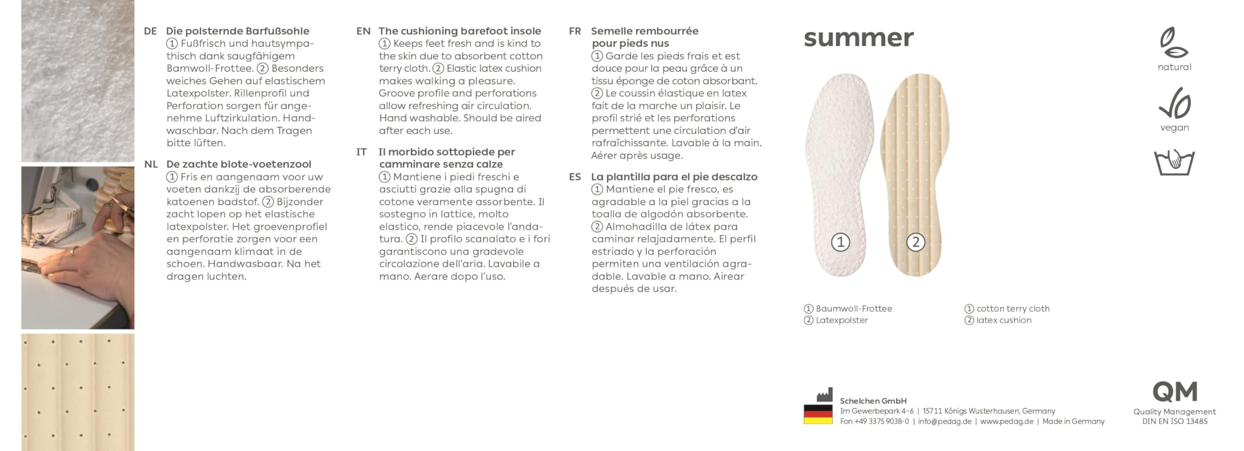 Pedag Summer | Terry Cotton Sockless Insoles | Barefoot Inserts | Handmade in Germany | Absorbs Sweat & Controls Odor | Wear Without Socks | Washable | US 11M/EU 44 | White | 3 Pair