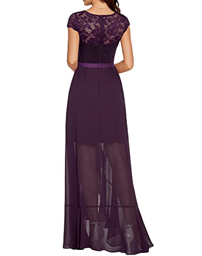 Daisyaner Women's V Neck Formal Floral Lace Bridesmaid Maxi Dress Evening Party Elegant Dresses Evening Prom Dress Grape S