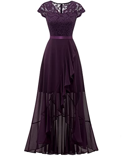Daisyaner Women's V Neck Formal Floral Lace Bridesmaid Maxi Dress Evening Party Elegant Dresses Evening Prom Dress Grape S
