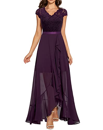 Daisyaner Women's V Neck Formal Floral Lace Bridesmaid Maxi Dress Evening Party Elegant Dresses Evening Prom Dress Grape S