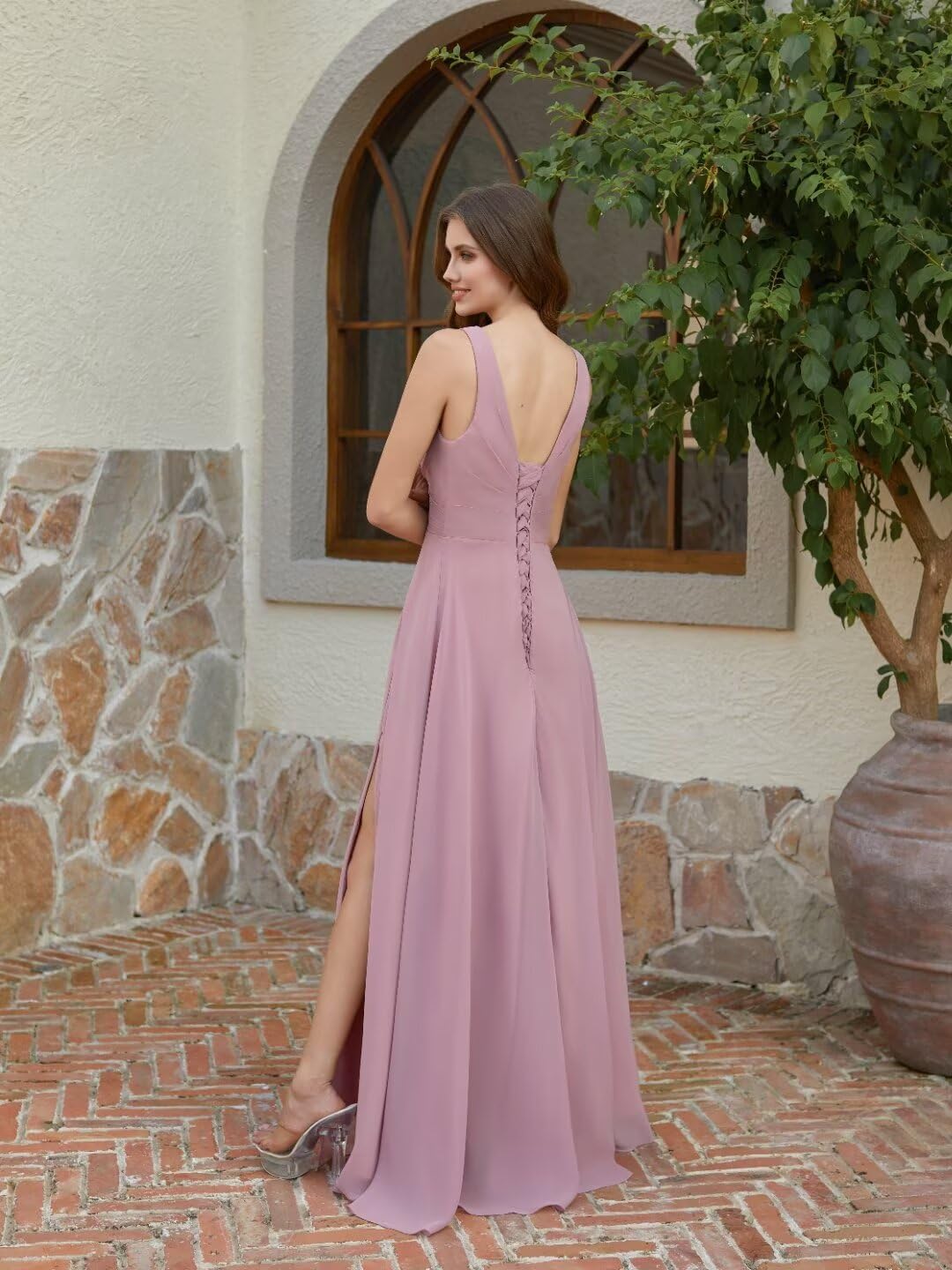 Wisteria Chiffon v Neck Bridesmaid Dresses for Women Long Ruched A Line Pleated Formal Evening Dress with Slit Size 12