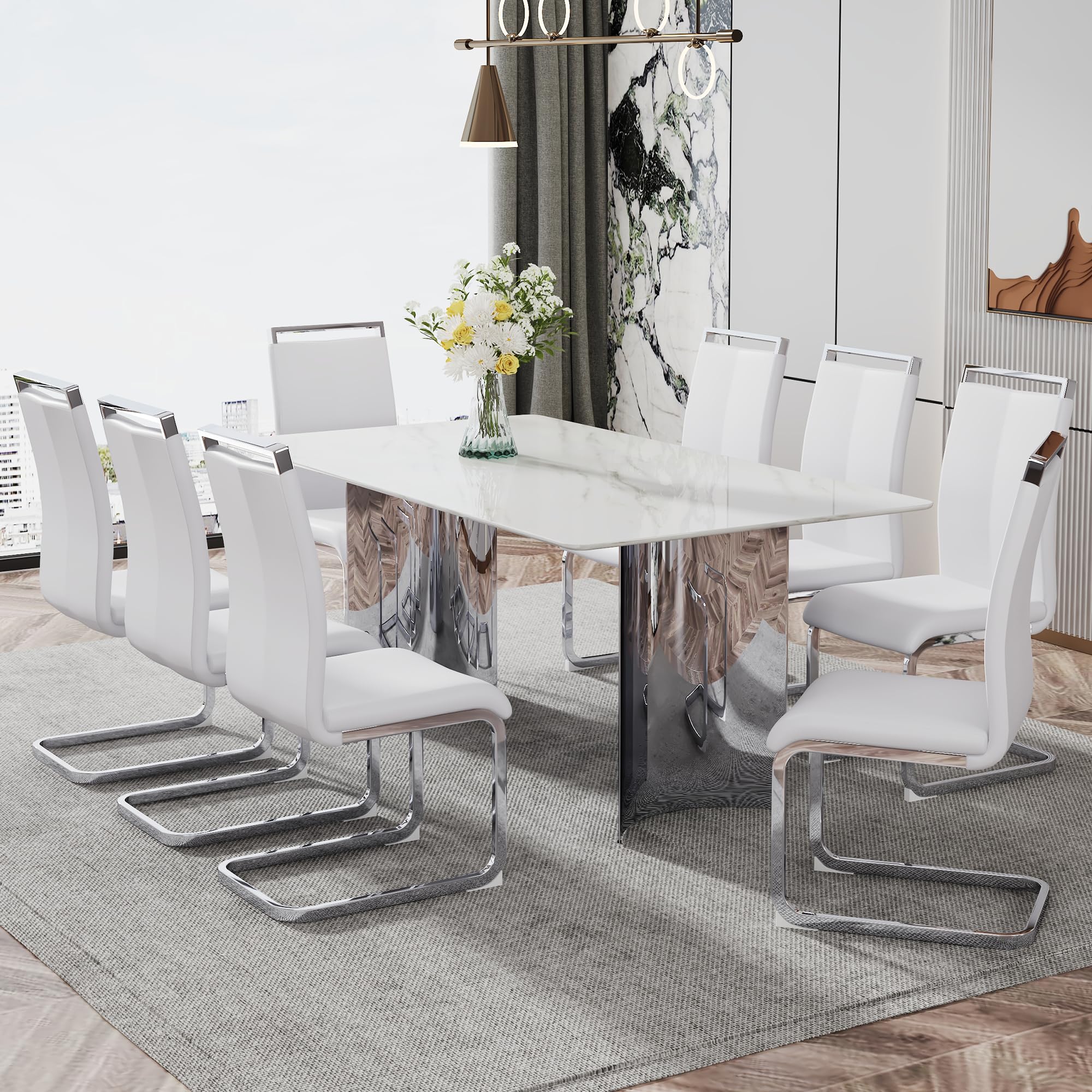 Gnrolaz 71" Dining Table, Imitation Marble Dining Table Set for 4 6 8, Glass Tabletop Dining Table and Chairs, Kitchen & Dining Room Tables, Conference Dinner Table Metal Leg (Table C)