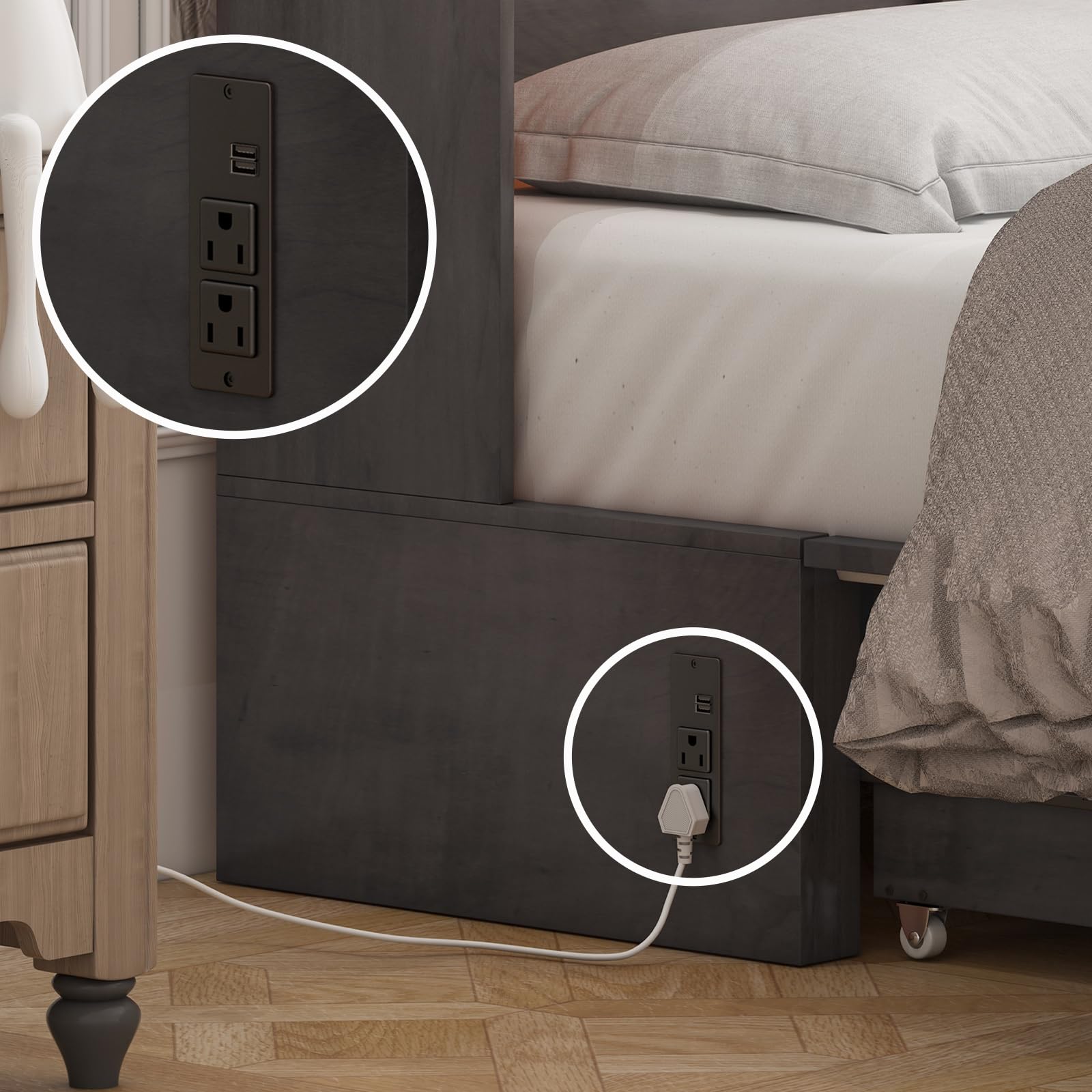PUREMIND Murphy Bed Cabinet with Built-in Charging Station and Storage Drawer, Solid Wood Cabinet Bed Queen Size with Mattress, Murphy Cube Chest Bed for Guest Room, Home, Office,Gray