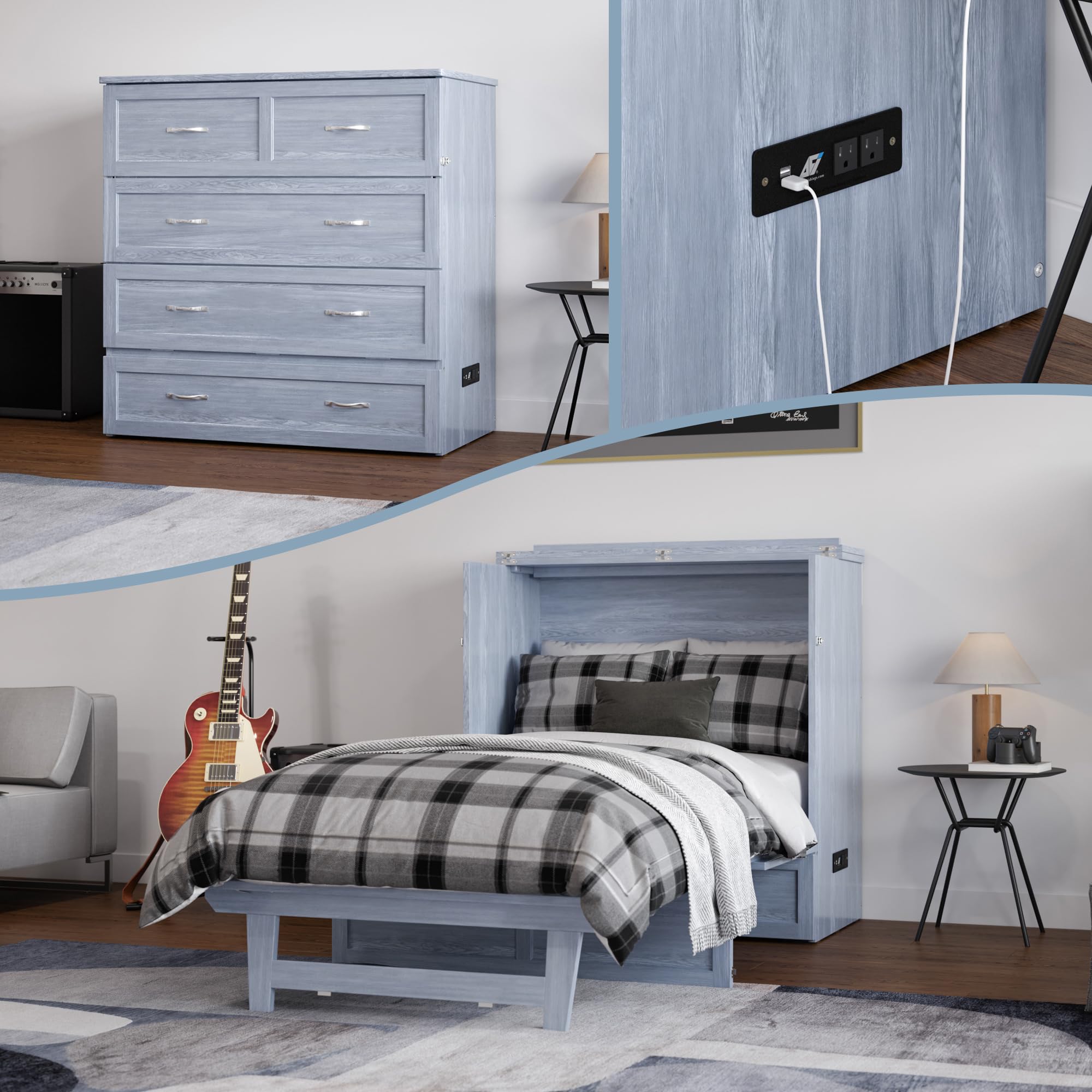 AFI Northfield Twin XL Size Murphy Bed Chest with Mattress, Storage, & Built-in Charger in Driftwood