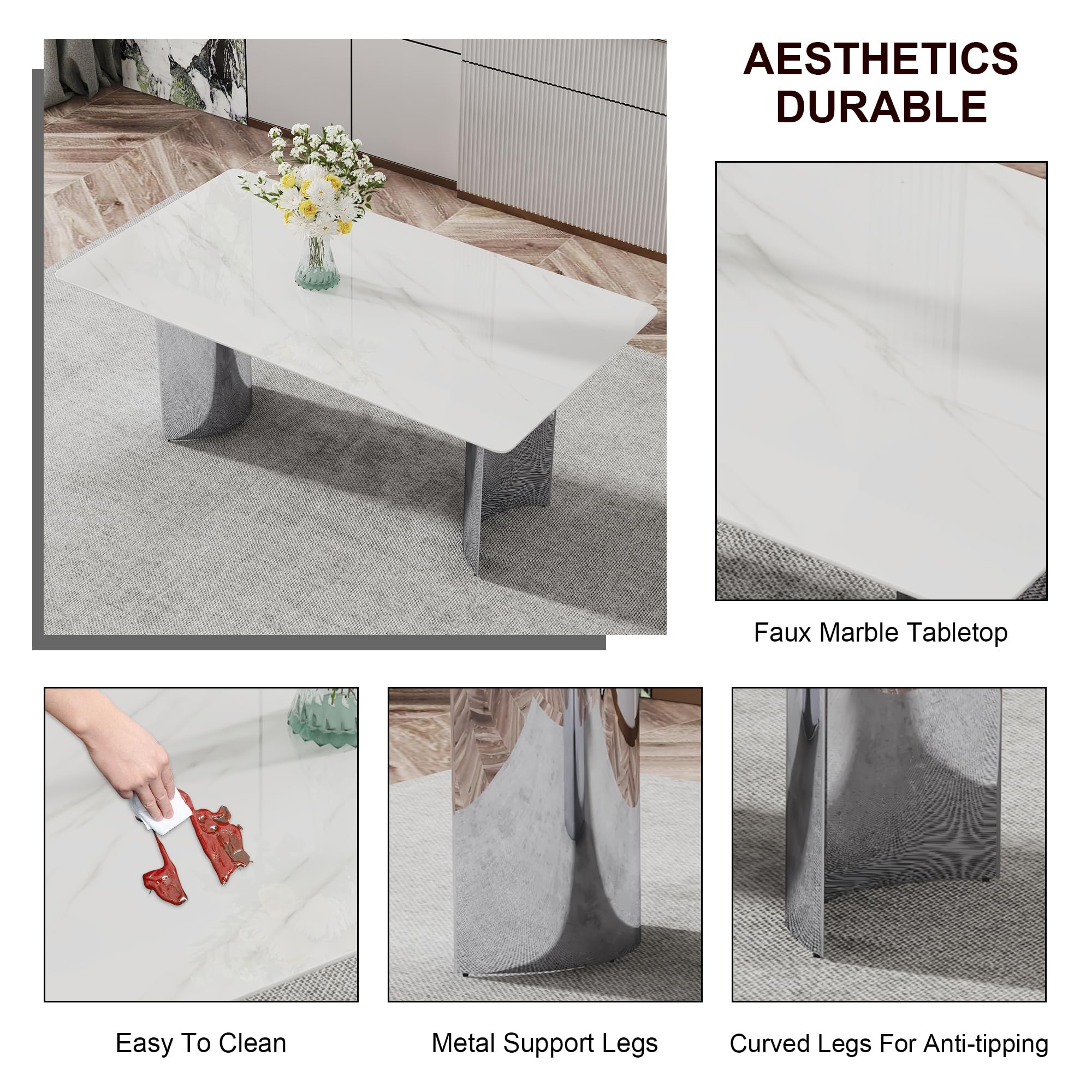 Gnrolaz 71" Dining Table, Imitation Marble Dining Table Set for 4 6 8, Glass Tabletop Dining Table and Chairs, Kitchen & Dining Room Tables, Conference Dinner Table Metal Leg (Table C)