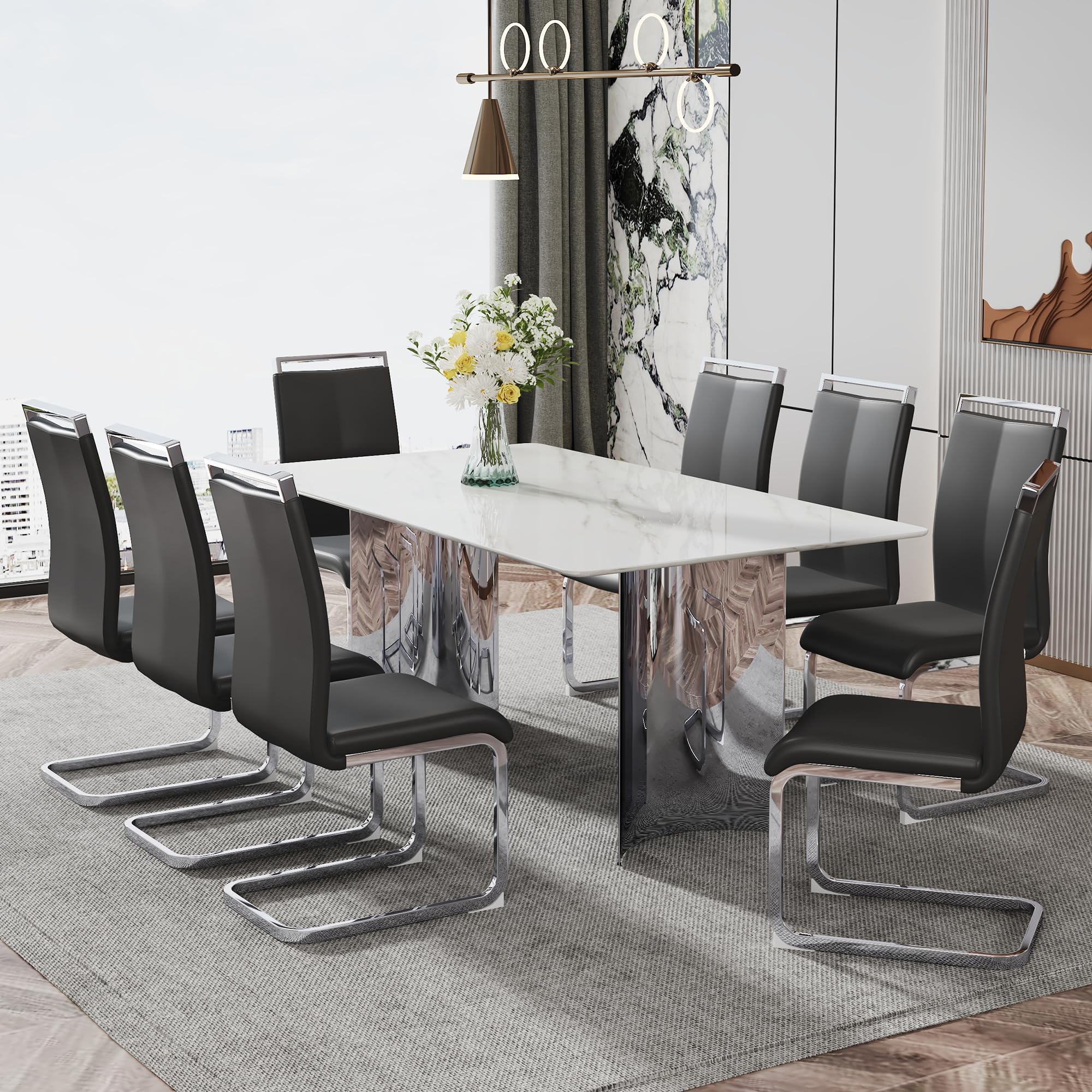 Gnrolaz 71" Dining Table, Imitation Marble Dining Table Set for 4 6 8, Glass Tabletop Dining Table and Chairs, Kitchen & Dining Room Tables, Conference Dinner Table Metal Leg (Table C)