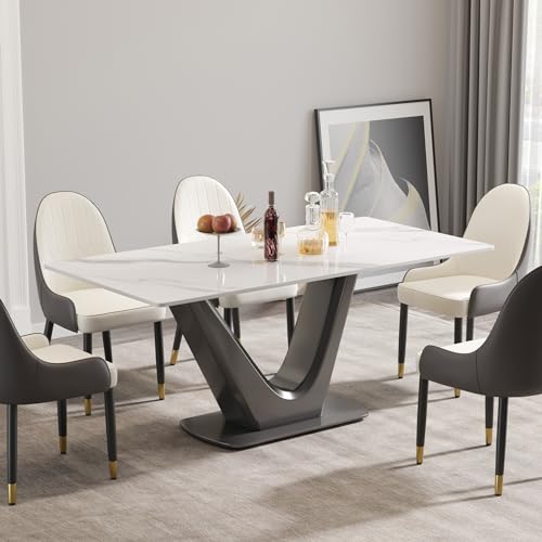 Leavader Modern Dining Table for 6 People, 71“ Dining Room Table with Dark Gray Stainless Steel Base, Rectangular Faux Marble Kitchen Table Stone Dining Table Suitable for Home Kitchen(Only 1 Table)