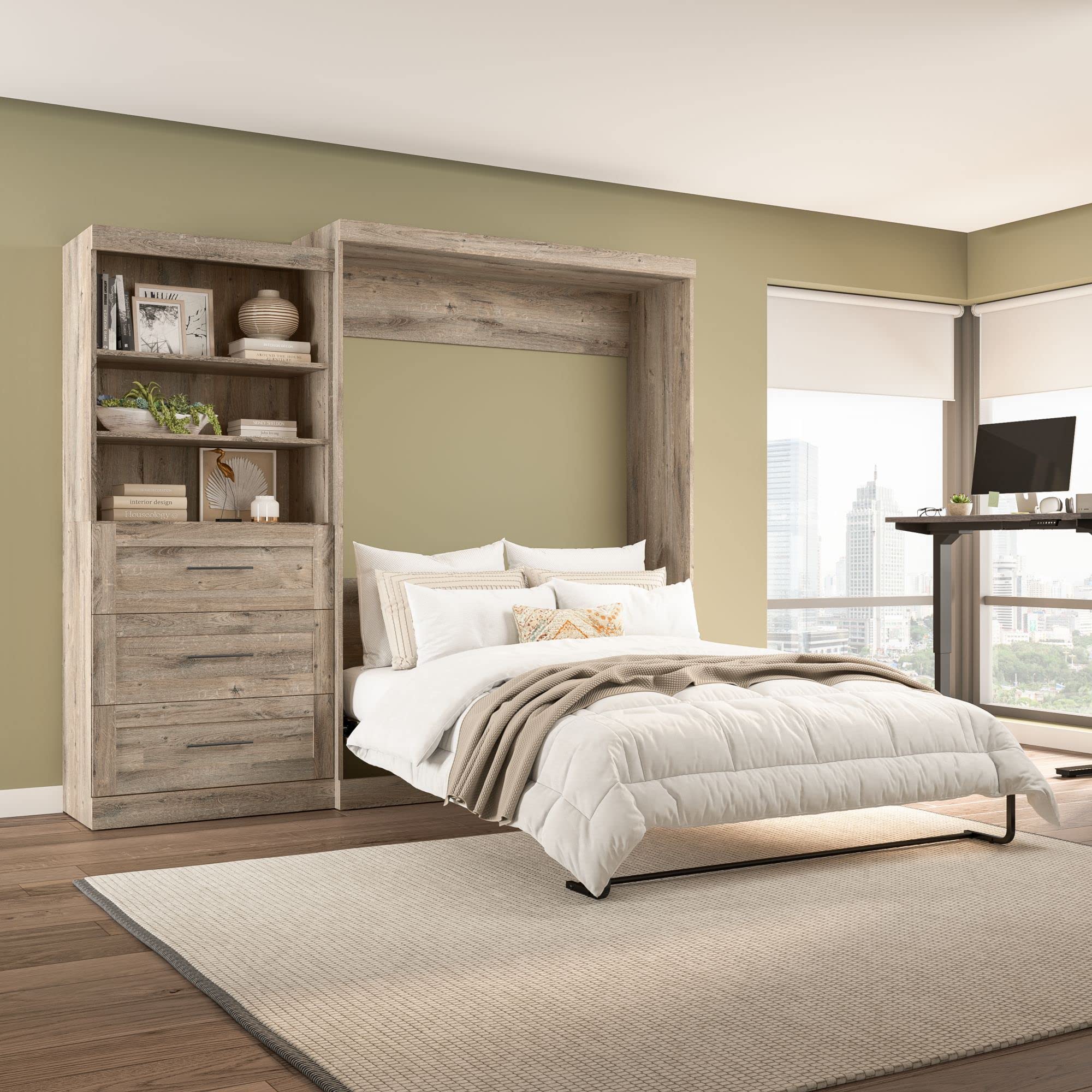 Bestar Pur Murphy, Space-Saving Wall Bed for Multipurpose Room, Queen, Rustic Brown