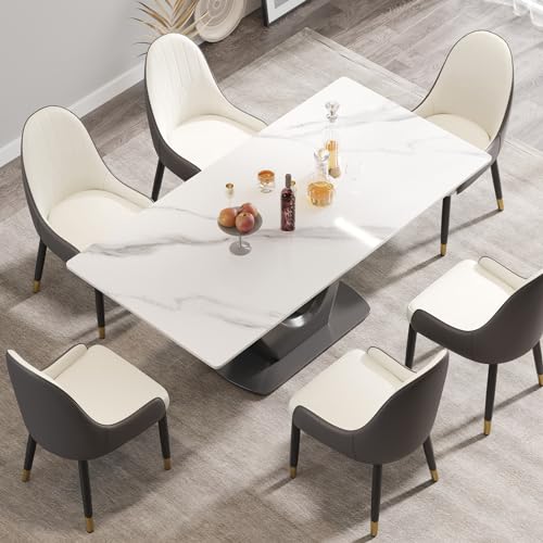 Leavader Modern Dining Table for 6 People, 71“ Dining Room Table with Dark Gray Stainless Steel Base, Rectangular Faux Marble Kitchen Table Stone Dining Table Suitable for Home Kitchen(Only 1 Table)