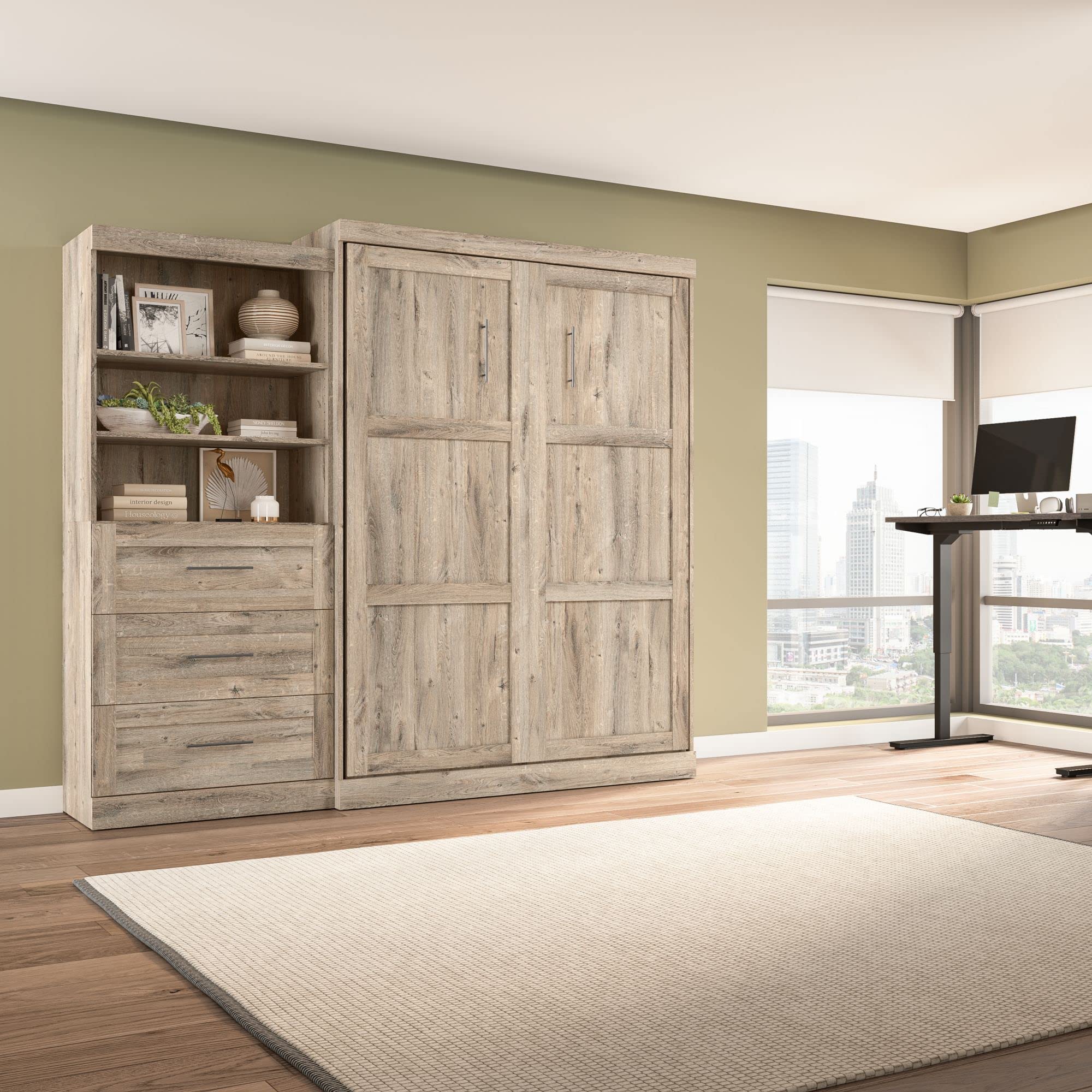 Bestar Pur Murphy, Space-Saving Wall Bed for Multipurpose Room, Queen, Rustic Brown