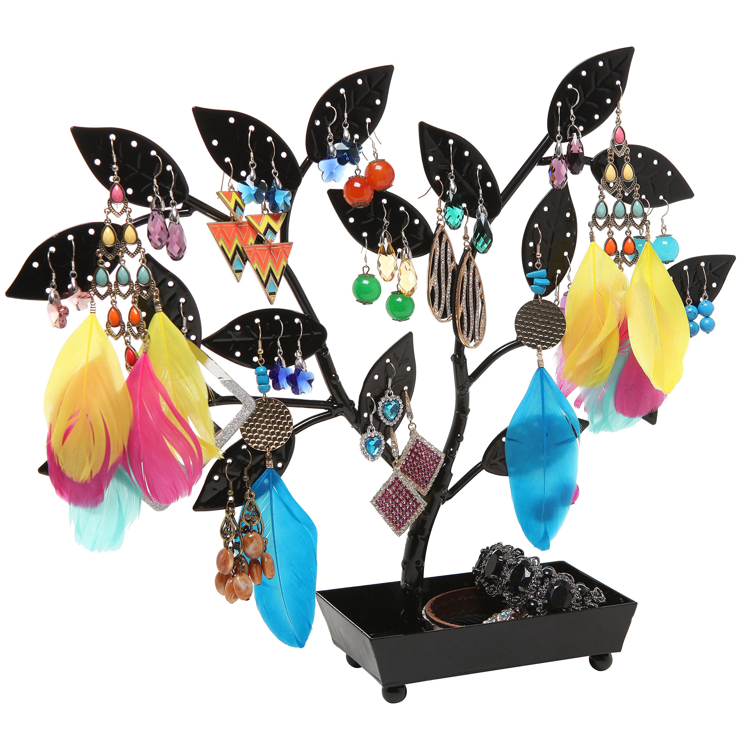 MyGift Black Metal Hanging Jewelry Tree Earring Display Stand, Necklace Bracelet Organizer Rack with Ring Dish Tray