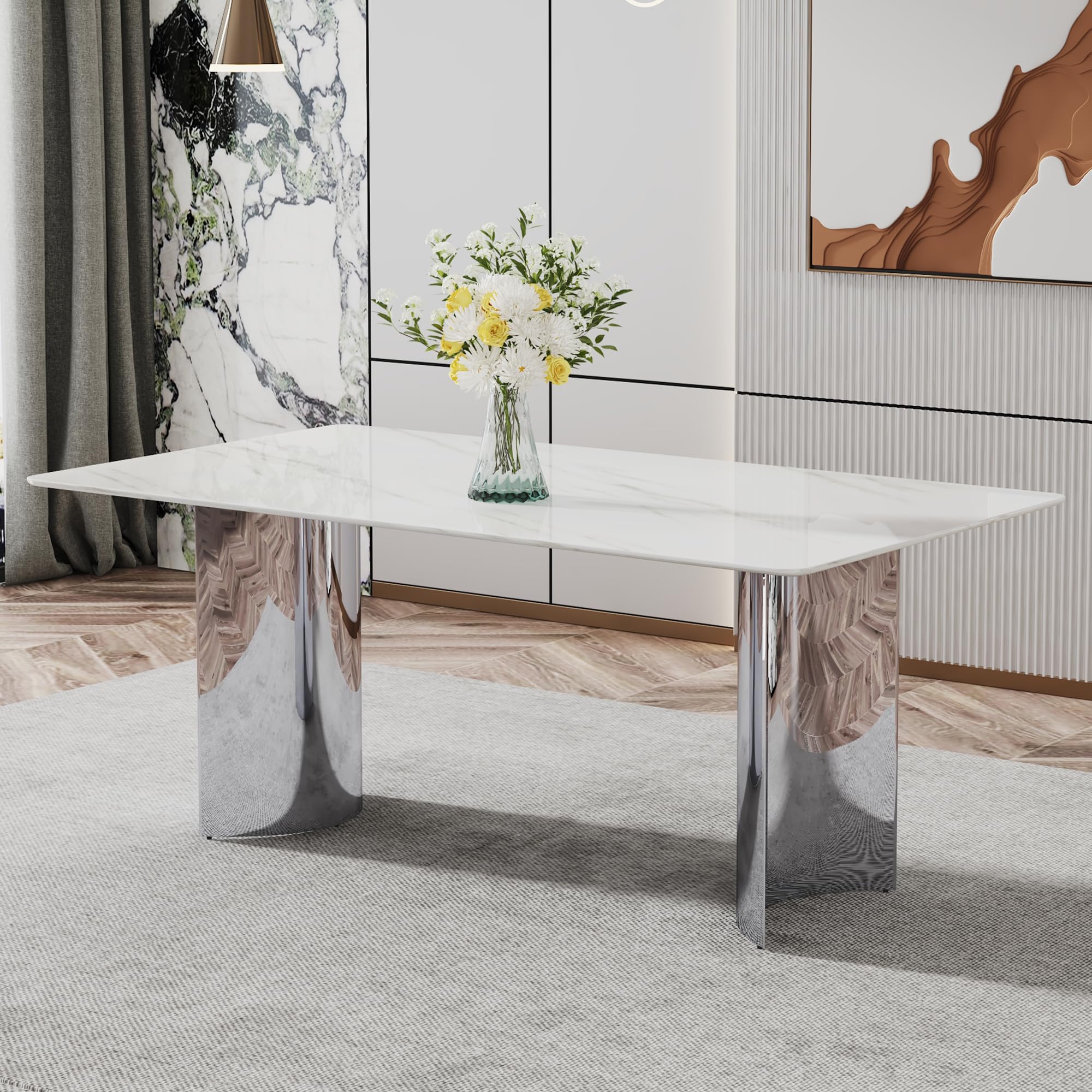 Gnrolaz 71" Dining Table, Imitation Marble Dining Table Set for 4 6 8, Glass Tabletop Dining Table and Chairs, Kitchen & Dining Room Tables, Conference Dinner Table Metal Leg (Table C)