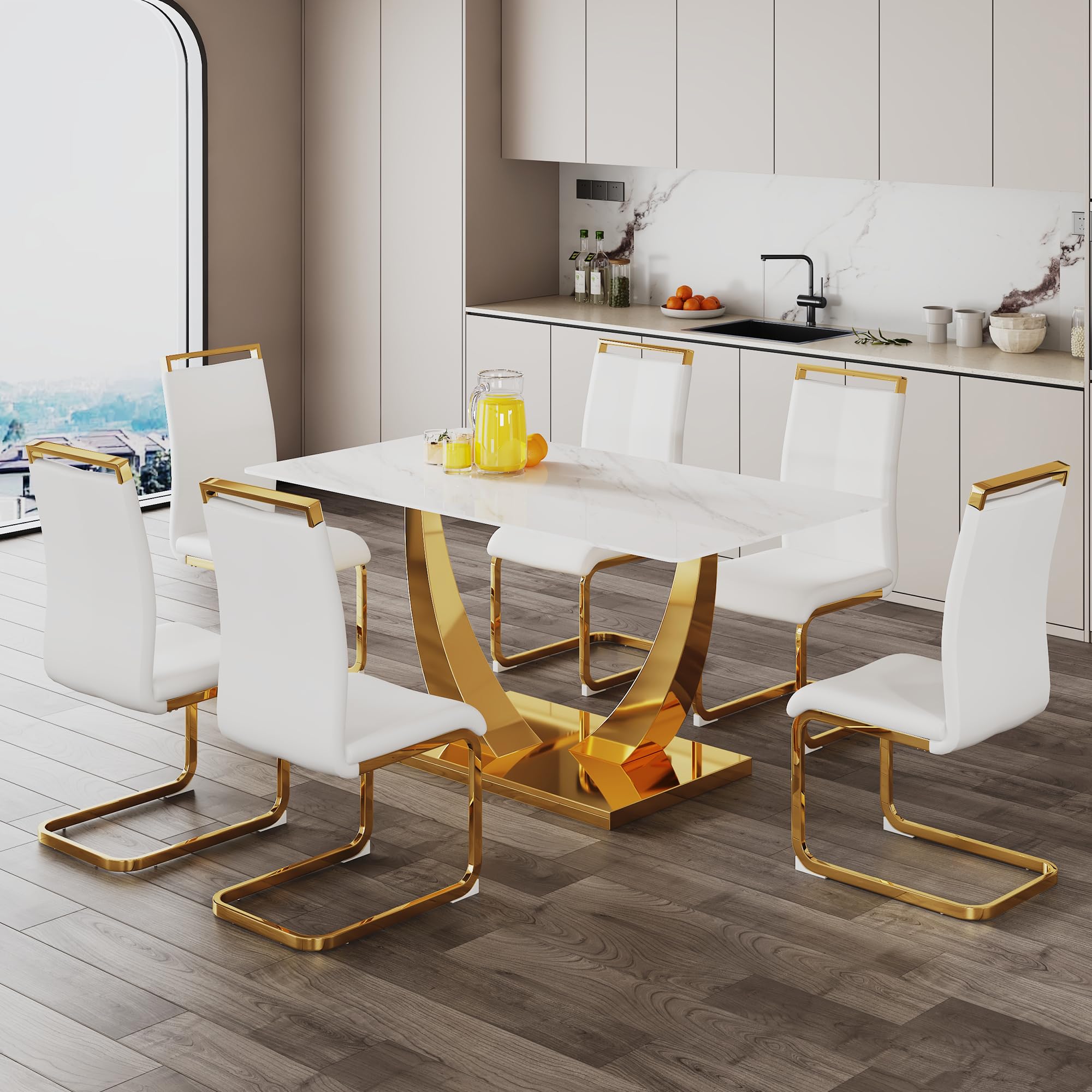 7 Pieces Modern Dining Table Set for 6 People Kitchen Dining Room Table Set Faux Marble Glass Dining Table and 6 White Upholstered Chairs,Dining Kitchen Table Set, Home Kitchen Furniture