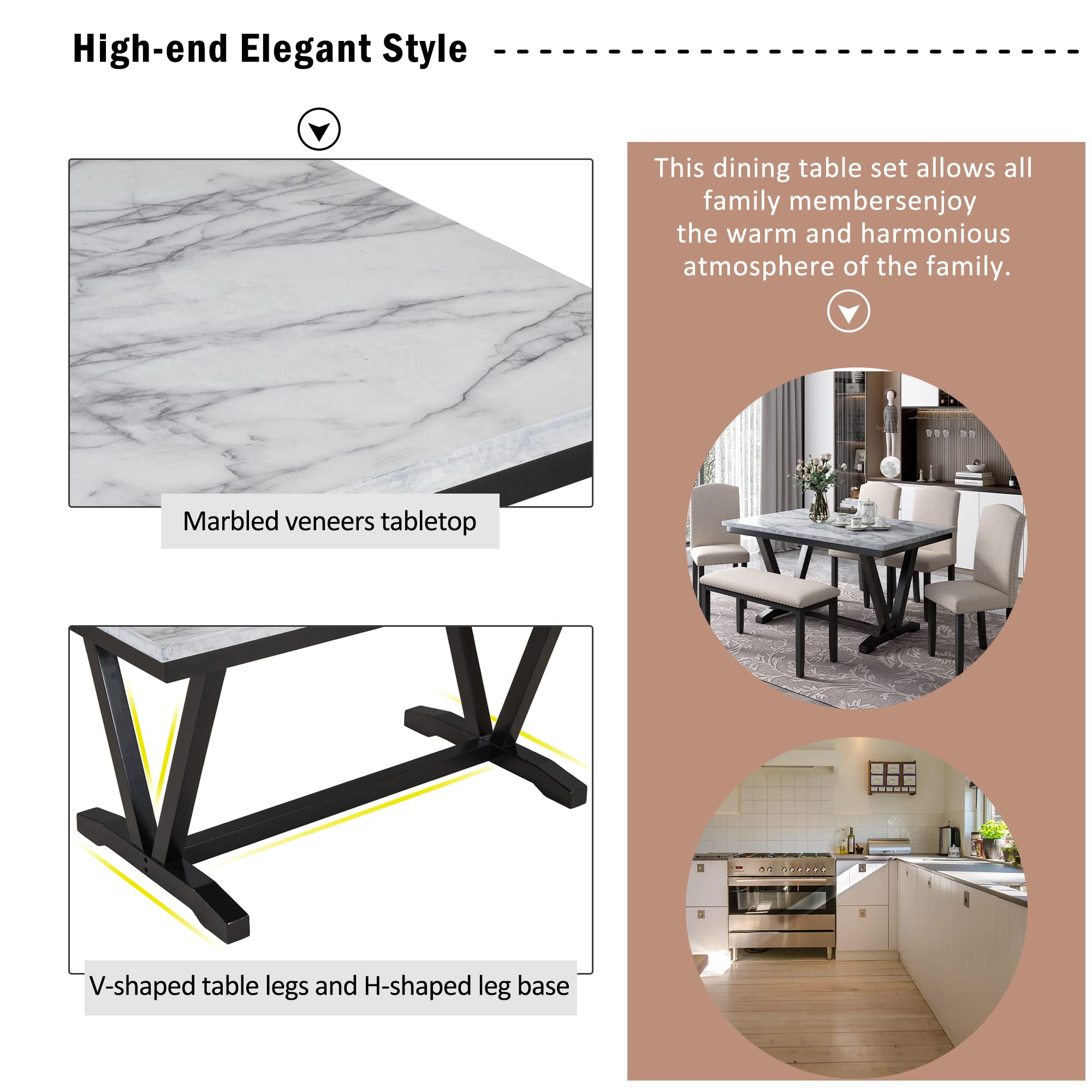 KELRIA Modern Style 6-piece 4 Chairs & 1 Bench, Marbled Veneers Tabletop and V-shaped Table Legs, for Dining, Living Room, and Kitchen, White