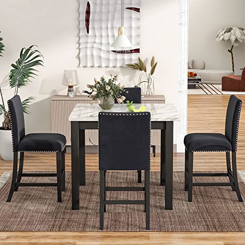 RUNWON 5-Piece Counter Height Set with Faux Marble Dining Table and 4 Upholstered-Seat Chairs, OneSize, Black