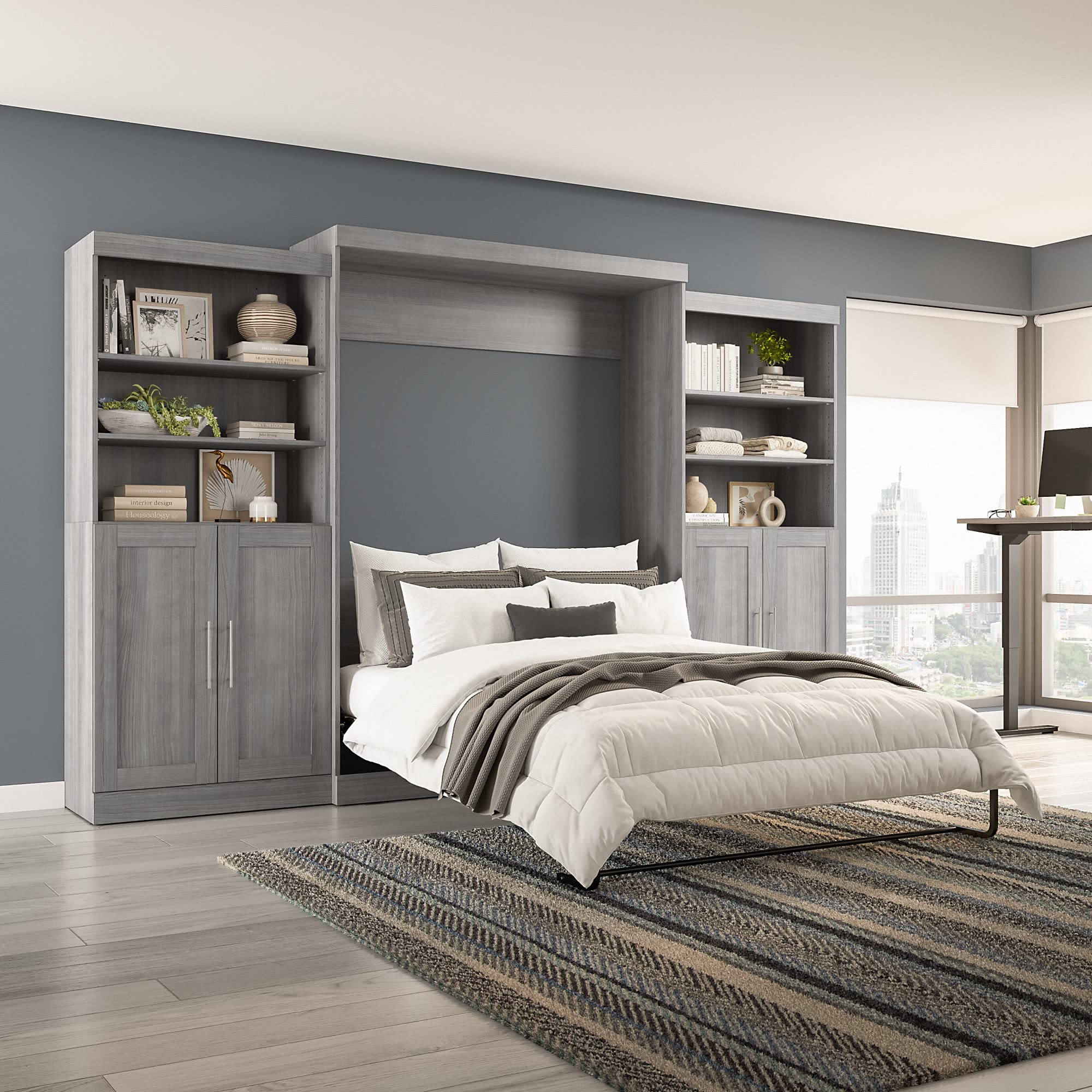 Bestar Pur Queen Murphy Bed with Closet Storage Organization, Platinum Gray 136-inch Sleeping Arrangement for Multipurpose Room with Wardrobe Organizers