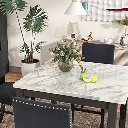 RUNWON 5-Piece Counter Height Set with Faux Marble Dining Table and 4 Upholstered-Seat Chairs, OneSize, Black