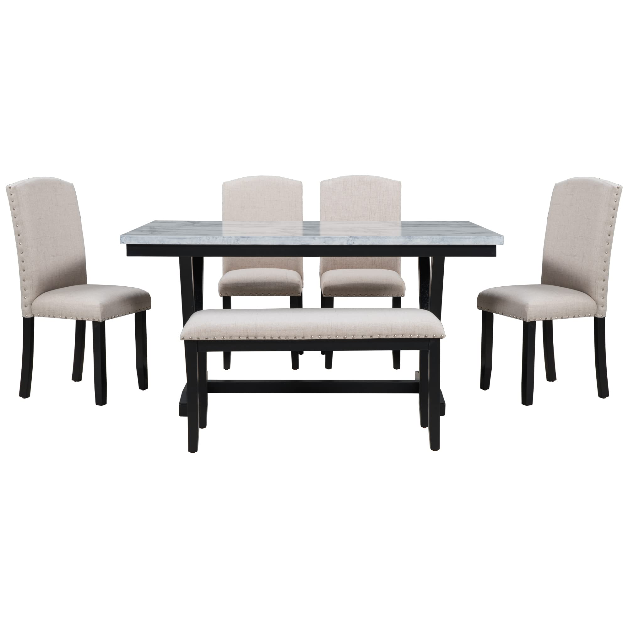 KELRIA Modern Style 6-piece 4 Chairs & 1 Bench, Marbled Veneers Tabletop and V-shaped Table Legs, for Dining, Living Room, and Kitchen, White