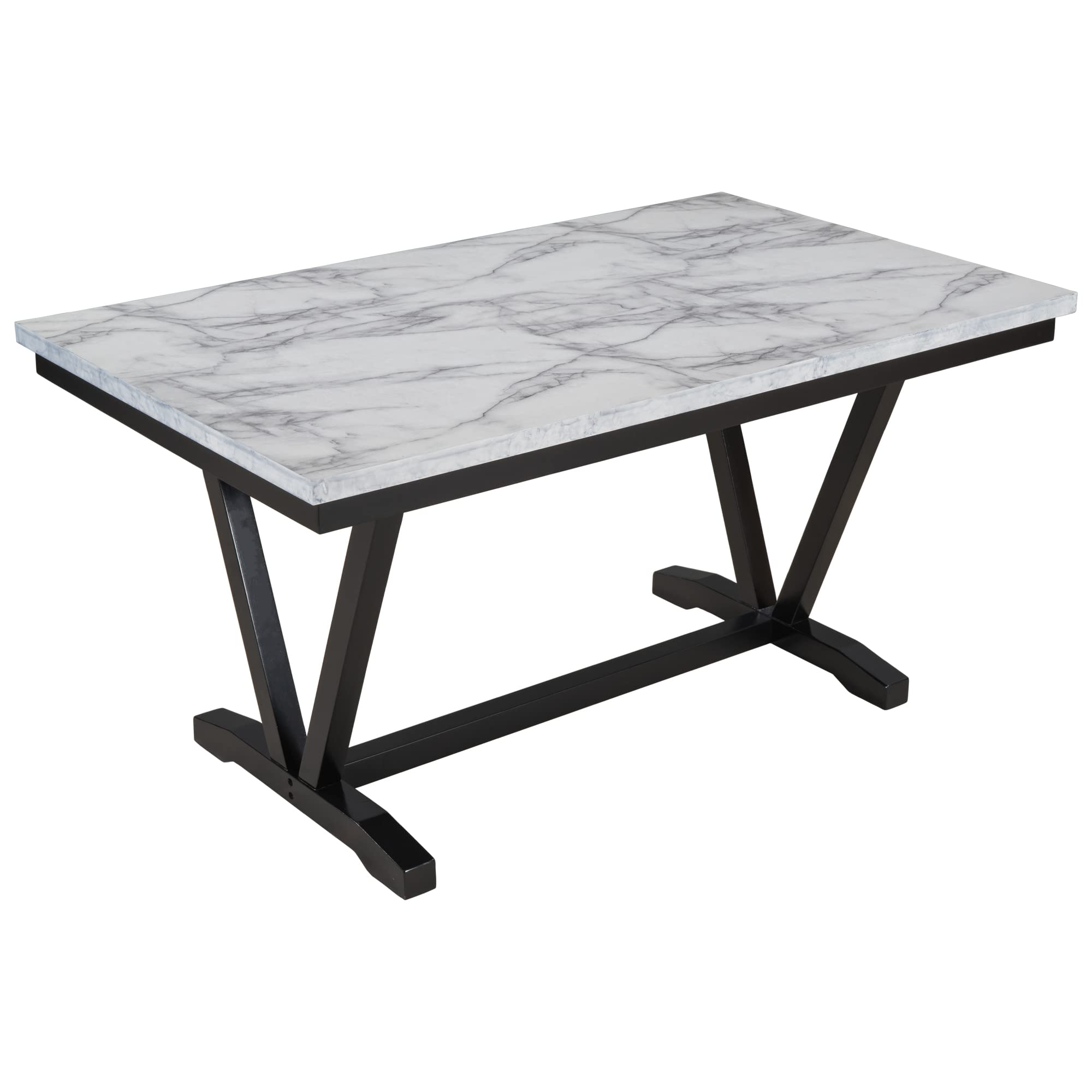 KELRIA Modern Style 6-piece 4 Chairs & 1 Bench, Marbled Veneers Tabletop and V-shaped Table Legs, for Dining, Living Room, and Kitchen, White