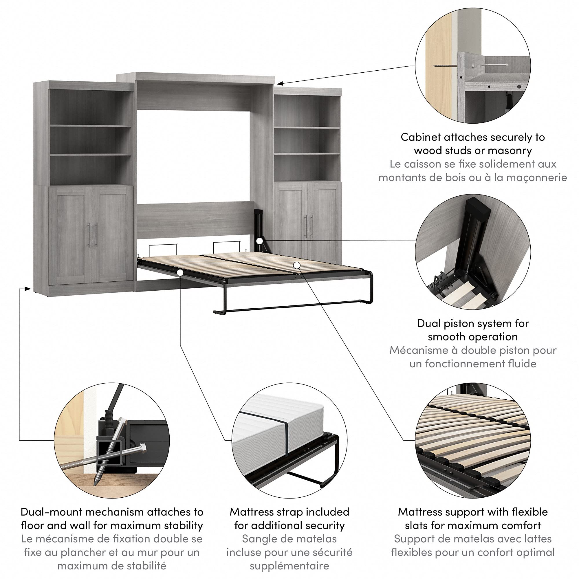 Bestar Pur Queen Murphy Bed with Closet Storage Organization, Platinum Gray 136-inch Sleeping Arrangement for Multipurpose Room with Wardrobe Organizers