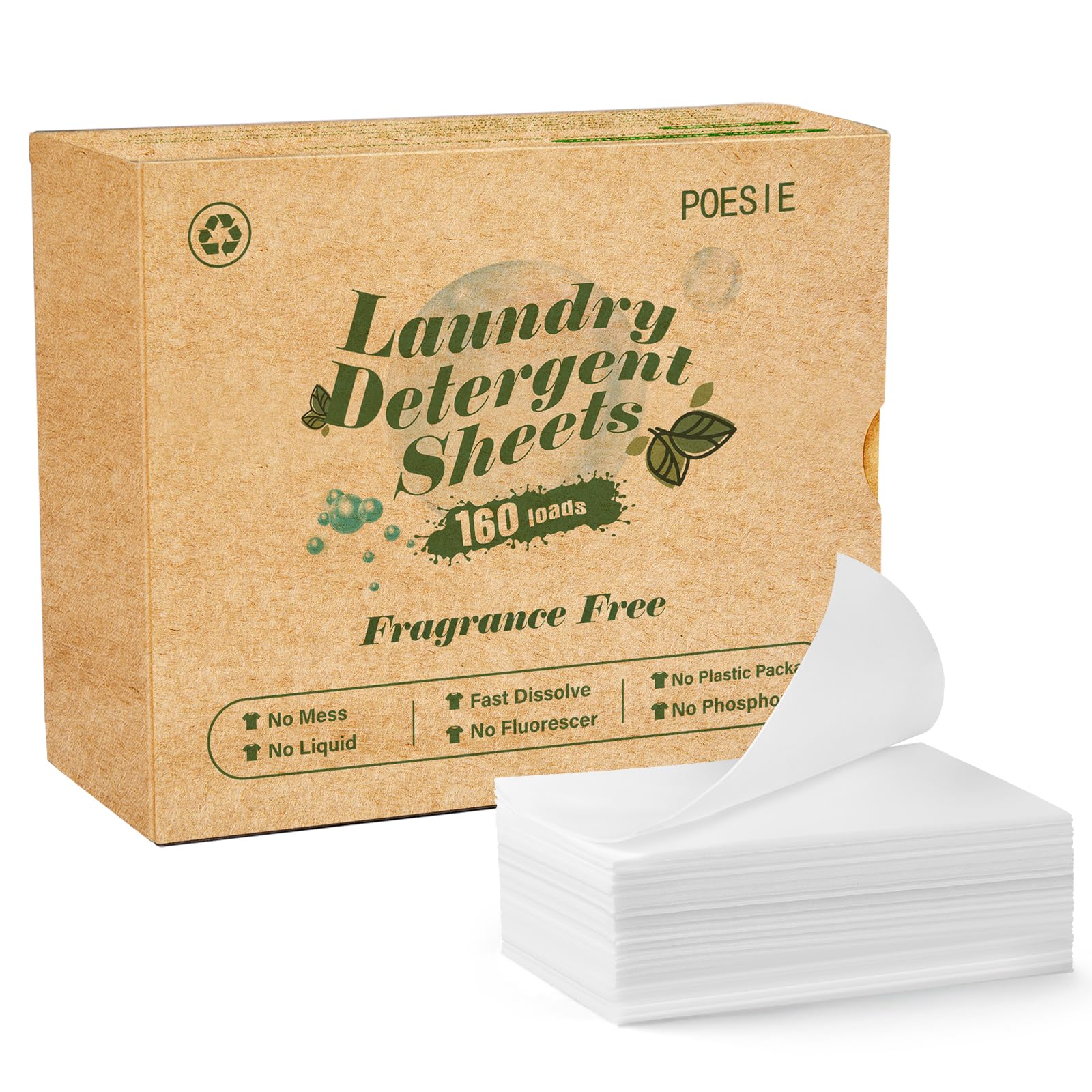 Poesie Laundry Detergent Sheets Detergent Fragrance Free Non-Plastic Precut Zero Waste 160 Sheets Liquidless Washing Sheets for Home Dorm Travel Camping Hiking Portable