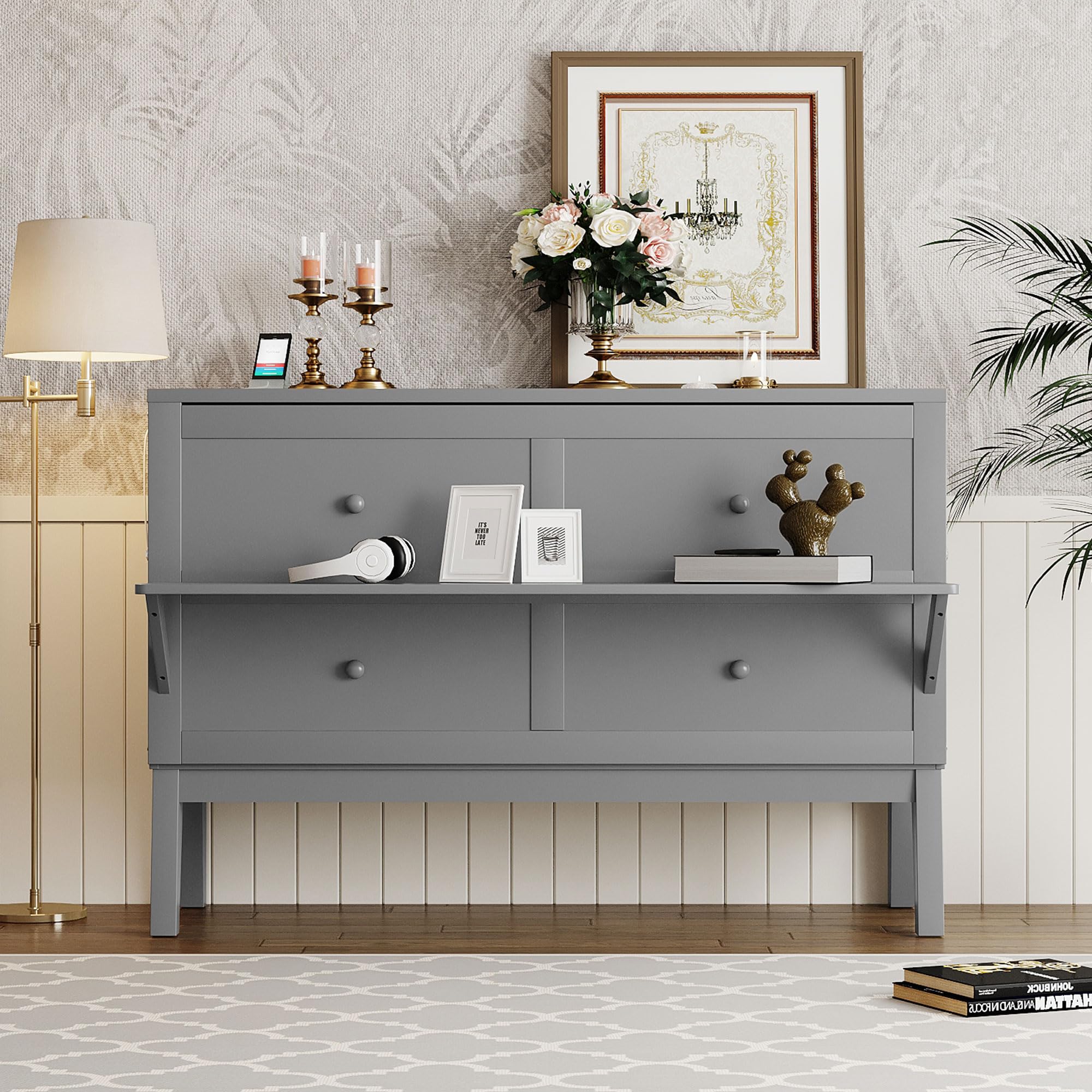 JIVOIT Queen Size Murphy Bed with Two Movable Desks, Removable Shelves on Each Side, Wooden Murphy Bed Chest with Built-in Dual Power/USB Module, Space-Saving Design (Gray-Queen 9)