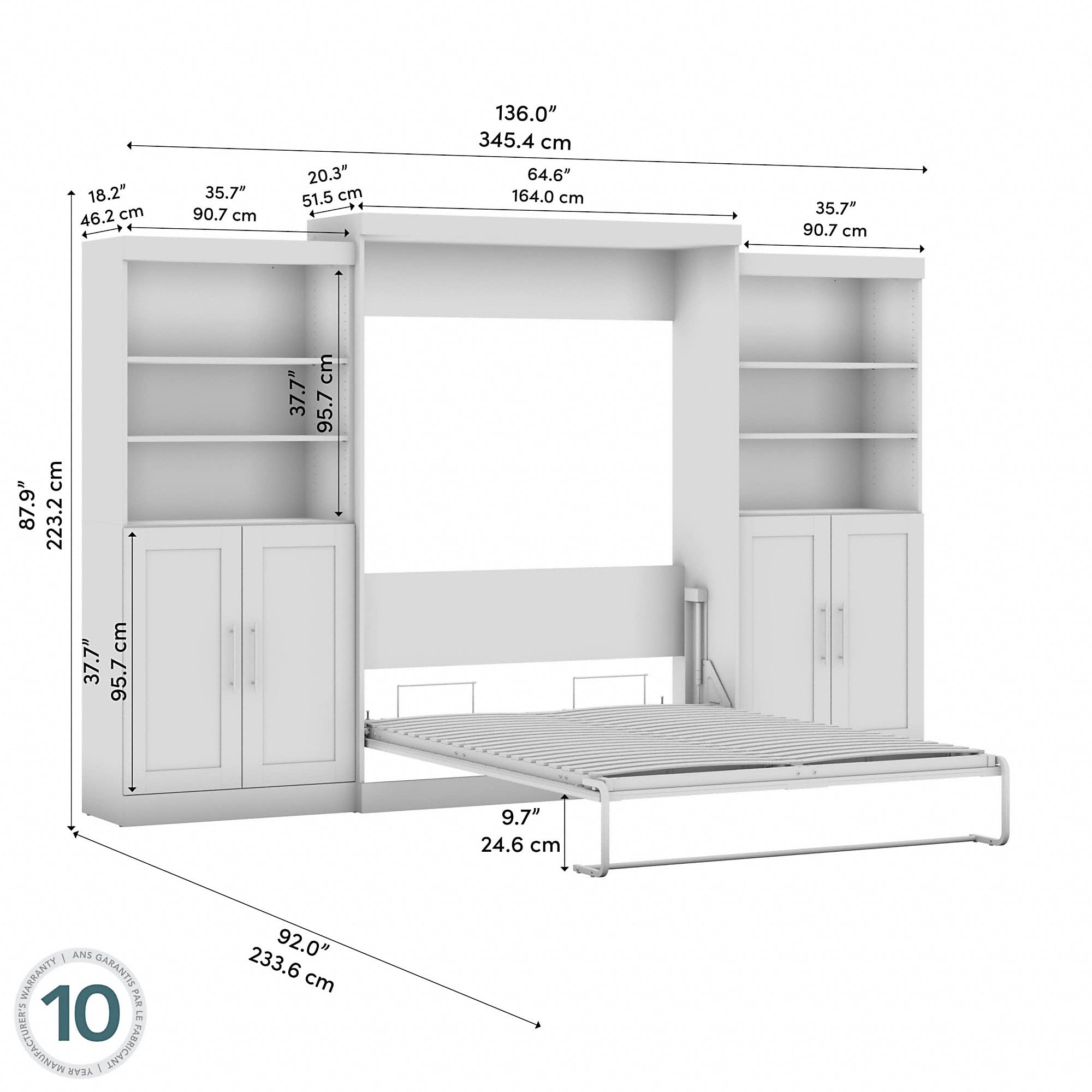 Bestar Pur Queen Murphy Bed with Closet Storage Organization, Platinum Gray 136-inch Sleeping Arrangement for Multipurpose Room with Wardrobe Organizers