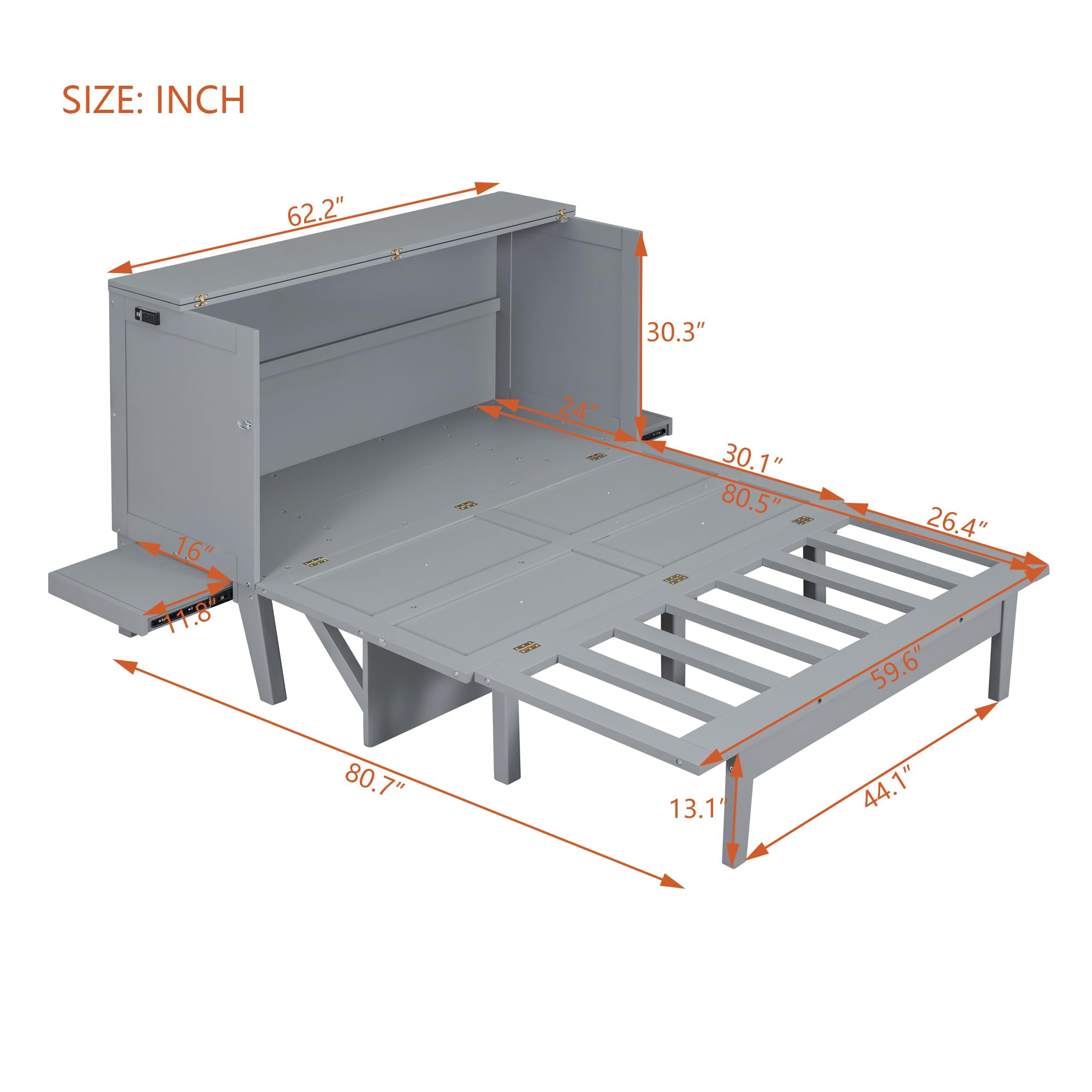 JIVOIT Queen Size Murphy Bed with Two Movable Desks, Removable Shelves on Each Side, Wooden Murphy Bed Chest with Built-in Dual Power/USB Module, Space-Saving Design (Gray-Queen 9)