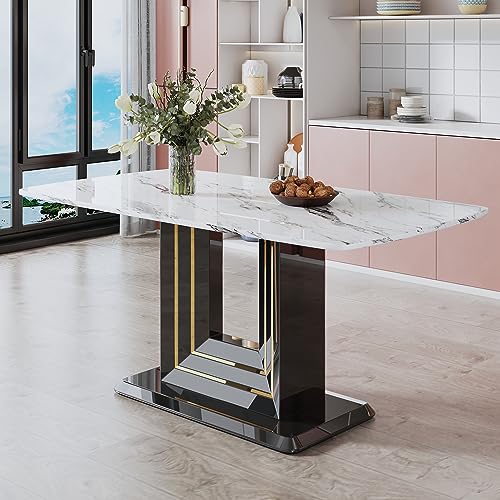 LUSPAZ 63" Marble Dining Table for 4-6, Modern Kitchen Dining Room Table with Faux Marble Tabletop and U-Shaped MDF Base, Dinner Table Kitchen Table