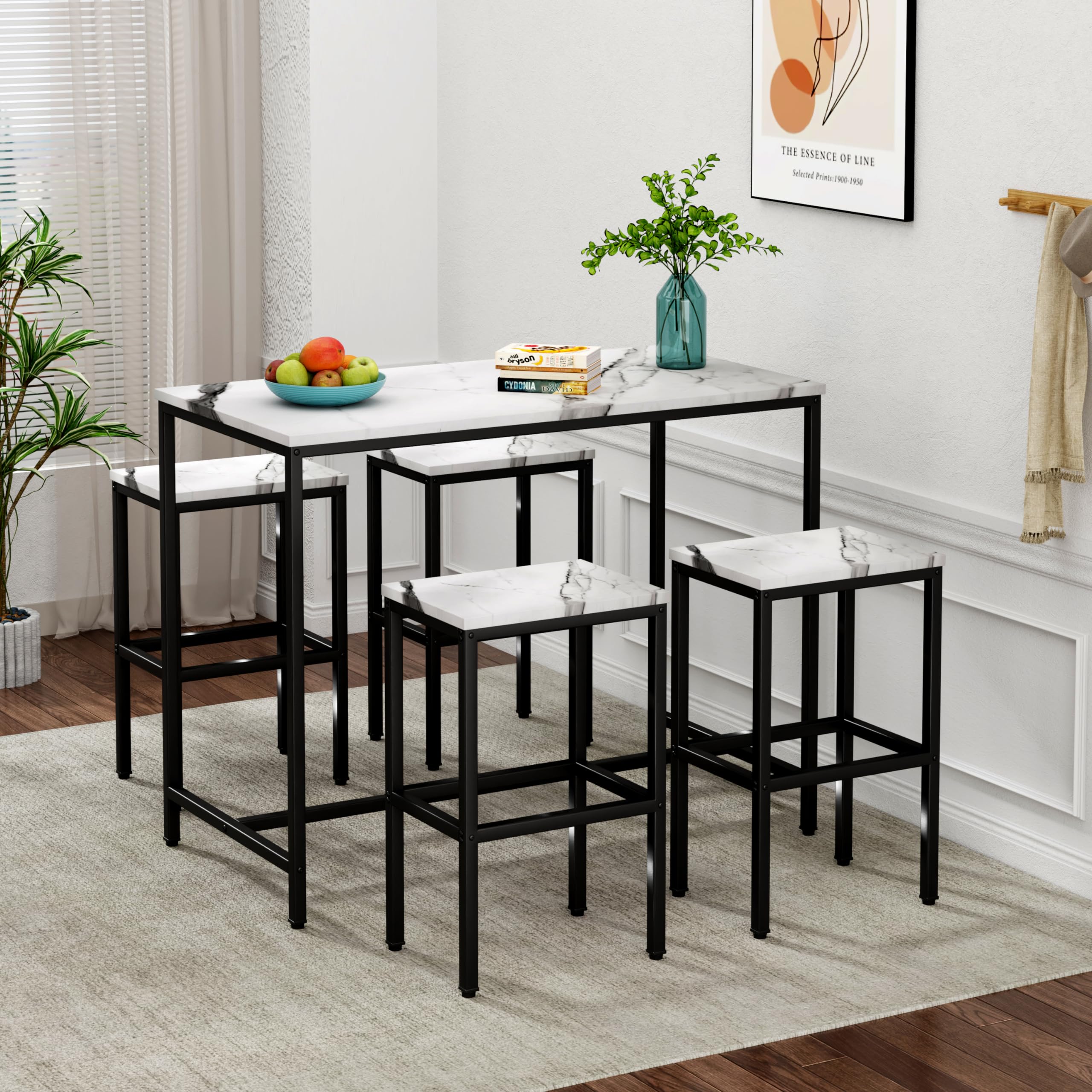 Aklaus 5 Piece Bar Table Set Kitchen Dining Table Set for 4 Modern Counter Height Bar Table with Bar Stools Set of 4 Faux Marble Top Pub Table and Stools for Dining Room Breakfast Nook Home Bar