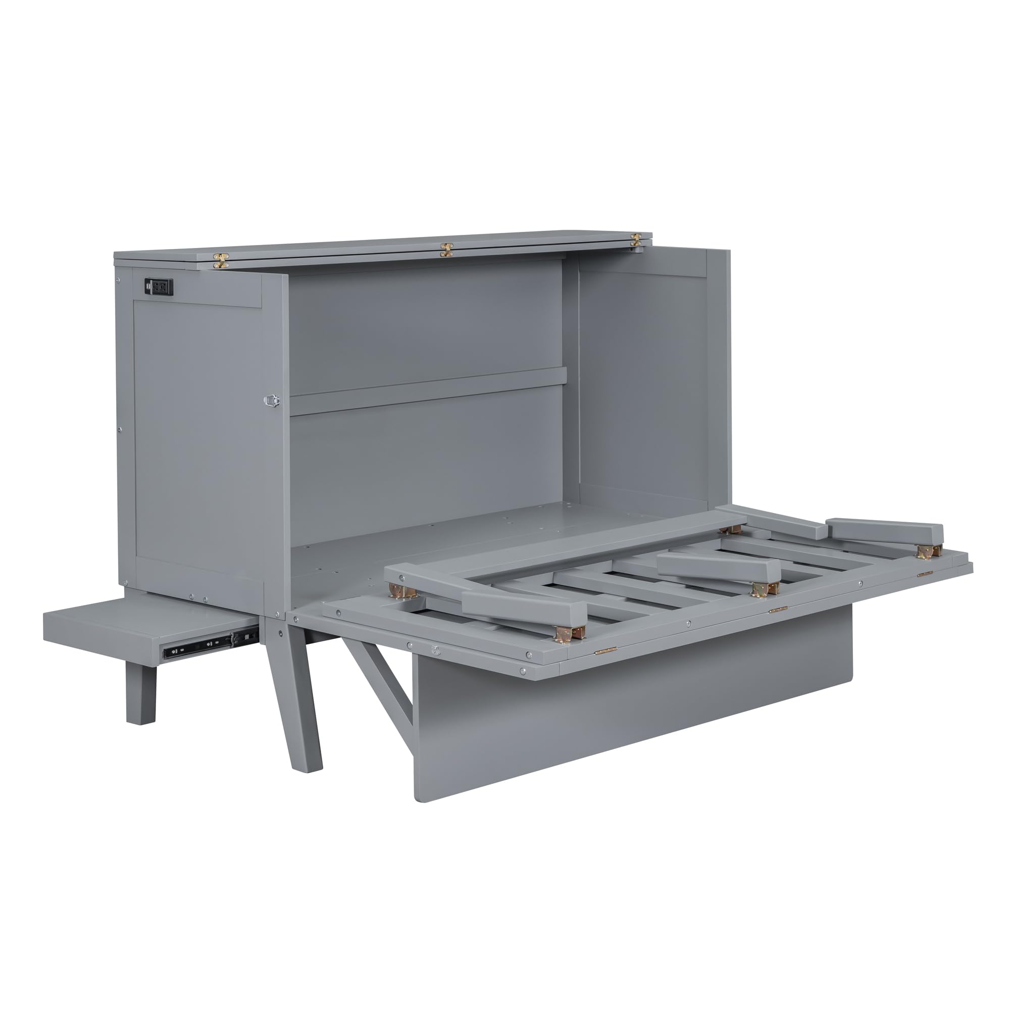 JIVOIT Queen Size Murphy Bed with Two Movable Desks, Removable Shelves on Each Side, Wooden Murphy Bed Chest with Built-in Dual Power/USB Module, Space-Saving Design (Gray-Queen 9)