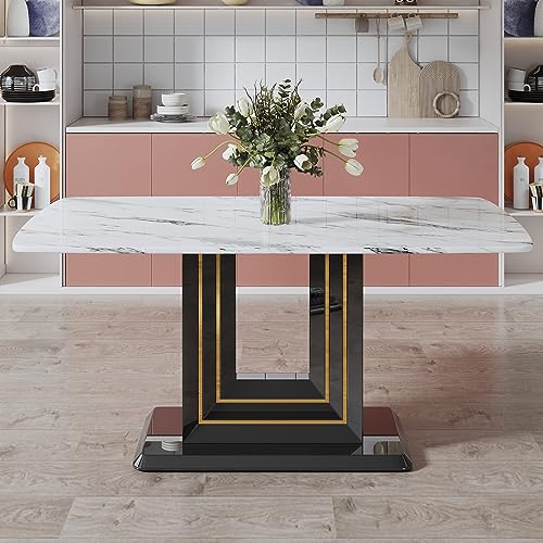 LUSPAZ 63" Marble Dining Table for 4-6, Modern Kitchen Dining Room Table with Faux Marble Tabletop and U-Shaped MDF Base, Dinner Table Kitchen Table