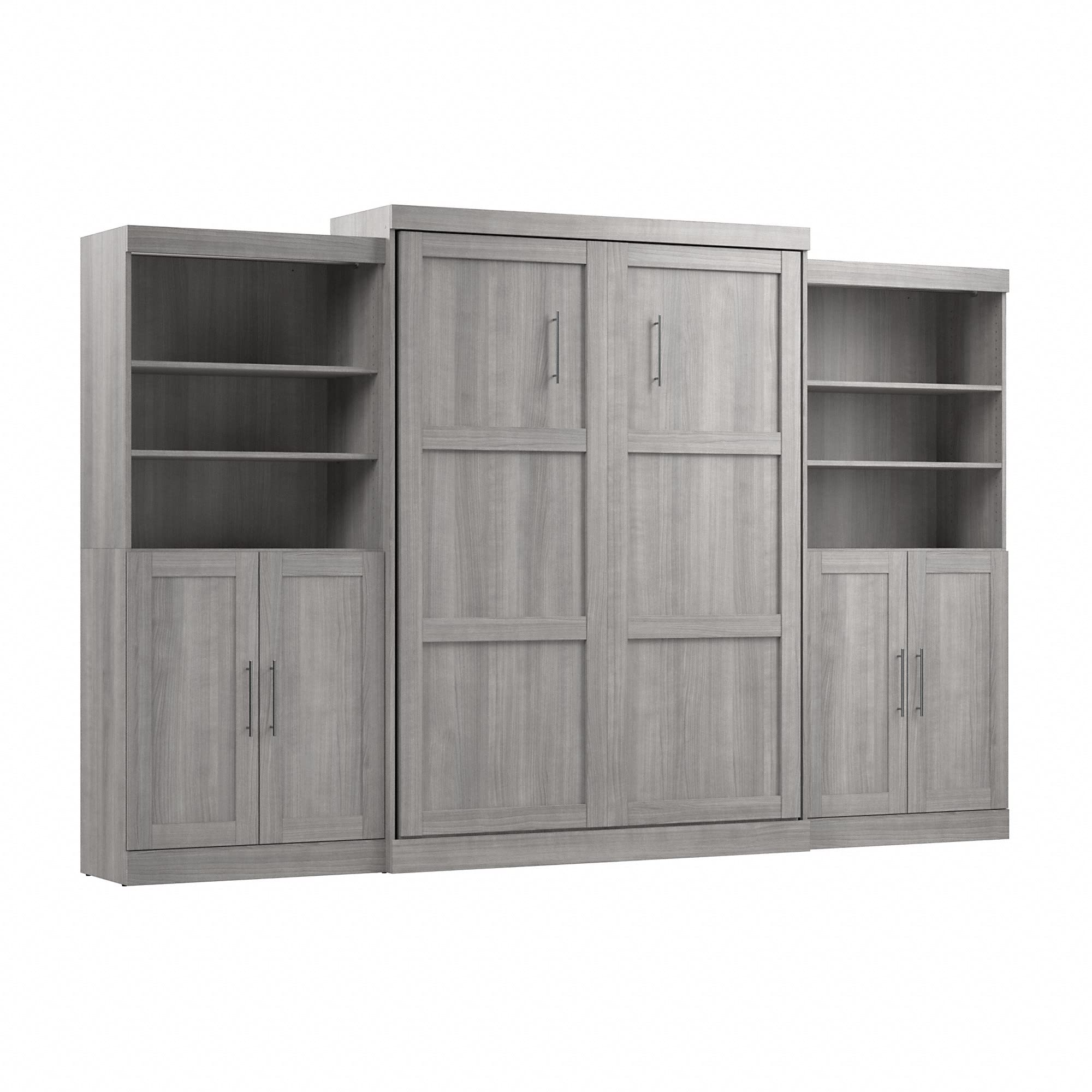 Bestar Pur Queen Murphy Bed with Closet Storage Organization, Platinum Gray 136-inch Sleeping Arrangement for Multipurpose Room with Wardrobe Organizers