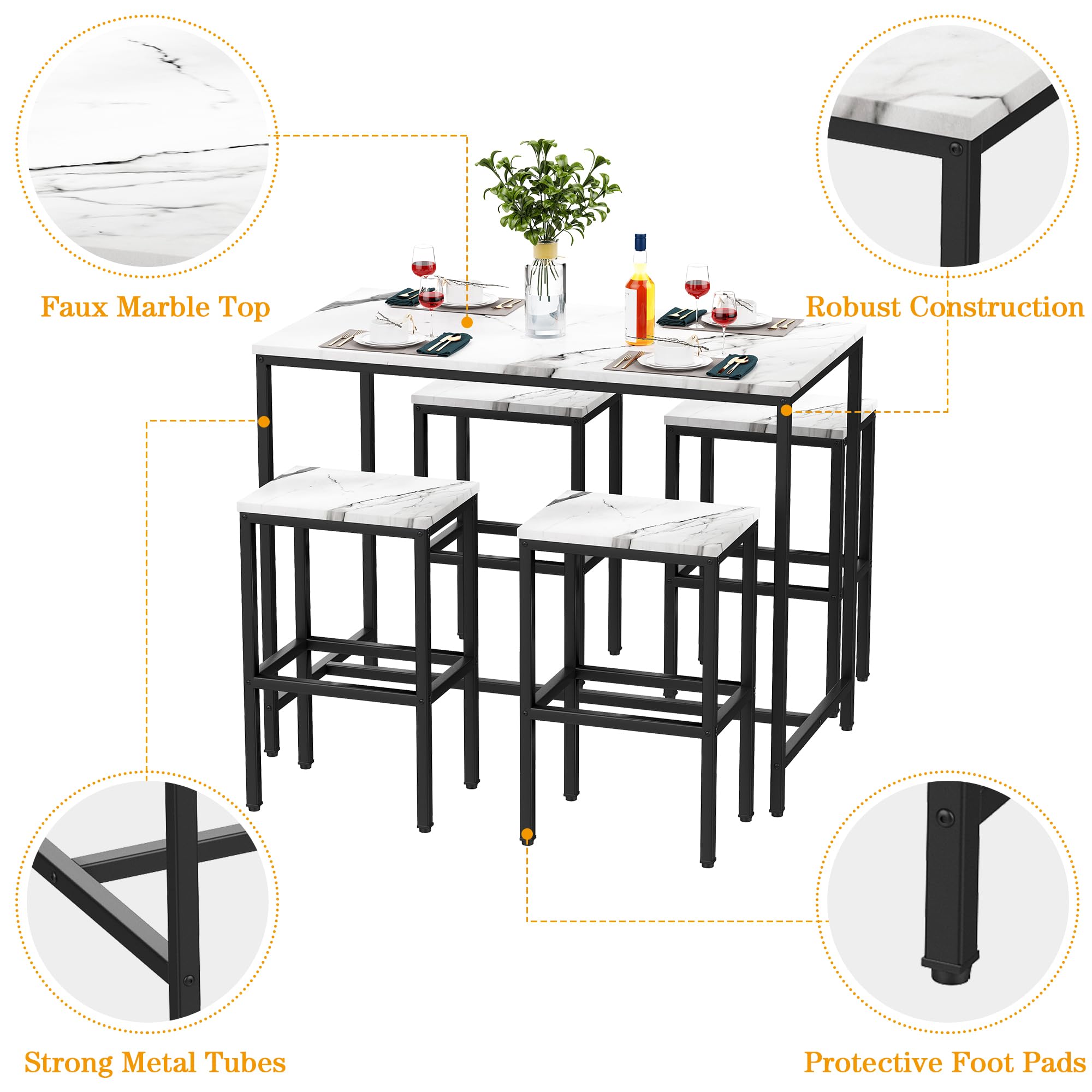 Aklaus 5 Piece Bar Table Set Kitchen Dining Table Set for 4 Modern Counter Height Bar Table with Bar Stools Set of 4 Faux Marble Top Pub Table and Stools for Dining Room Breakfast Nook Home Bar