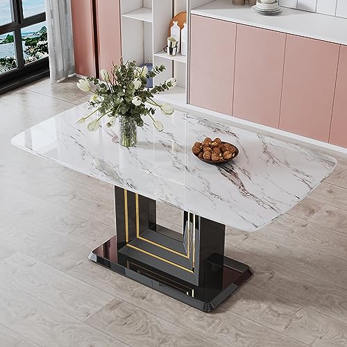 LUSPAZ 63" Marble Dining Table for 4-6, Modern Kitchen Dining Room Table with Faux Marble Tabletop and U-Shaped MDF Base, Dinner Table Kitchen Table