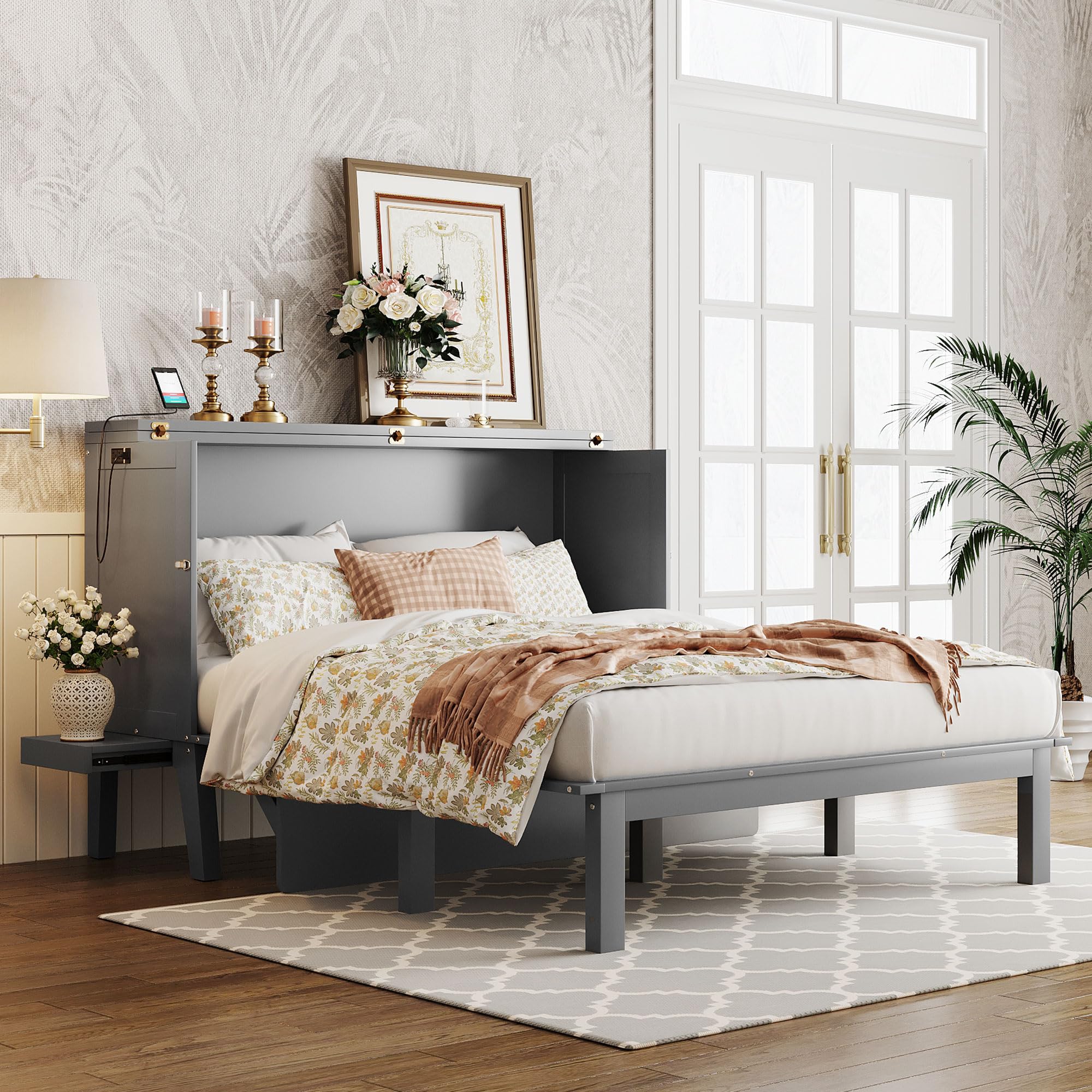 JIVOIT Queen Size Murphy Bed with Two Movable Desks, Removable Shelves on Each Side, Wooden Murphy Bed Chest with Built-in Dual Power/USB Module, Space-Saving Design (Gray-Queen 9)