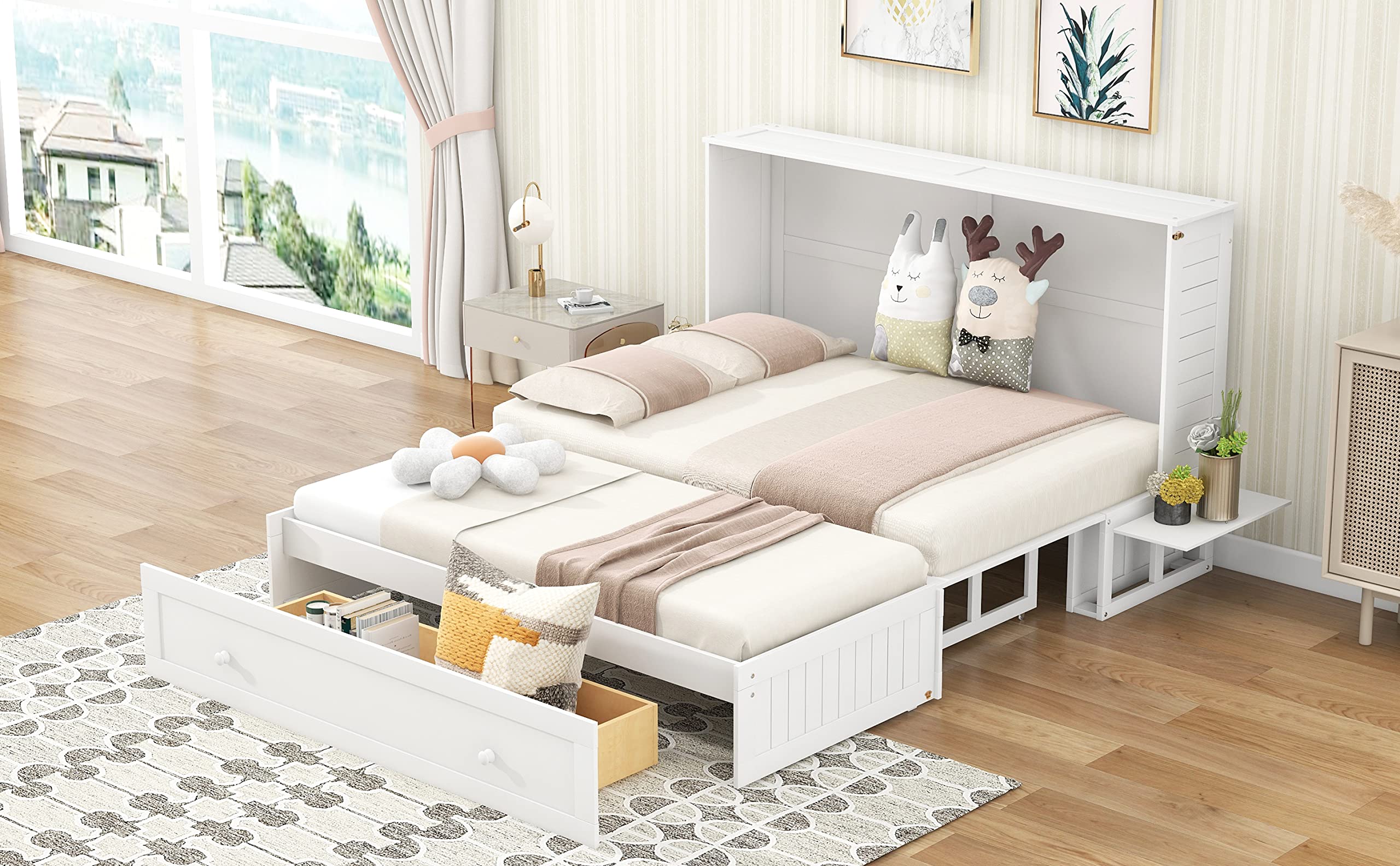 SmartEdge Queen Size Mobile Murphy Bed with Drawer, Little Shelves on Each Side, Wood Queen Size Bed Frame, Space-Saving Folding Bed, No Box Spring Needed, White